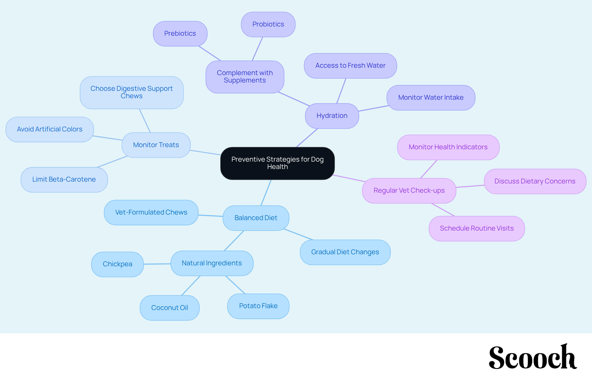 The center represents the overall goal of keeping your dog healthy, while the branches show specific strategies you can take. Each sub-point provides actionable tips to help you implement these strategies effectively.