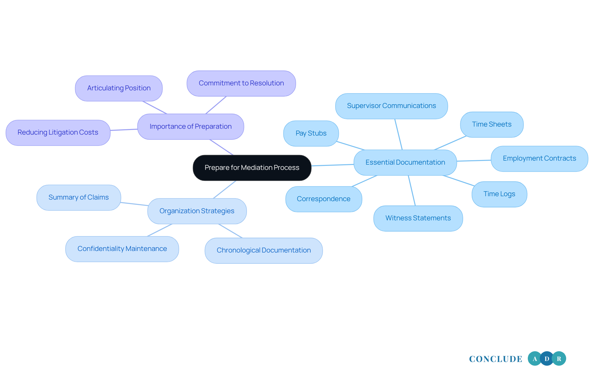 Begin at the center with the main focus on mediation preparation, then follow the branches to see the essential documents and strategies that support your case. Begin at the center with the main focus on mediation preparation, then follow the branches to see the essential documents and strategies that support your case.