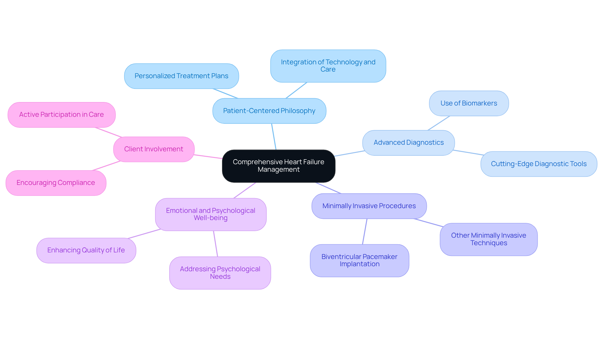 The center represents the overall management strategy, with branches showing key focus areas. Each sub-branch gives more detail about how we support seniors in their heart health journey.