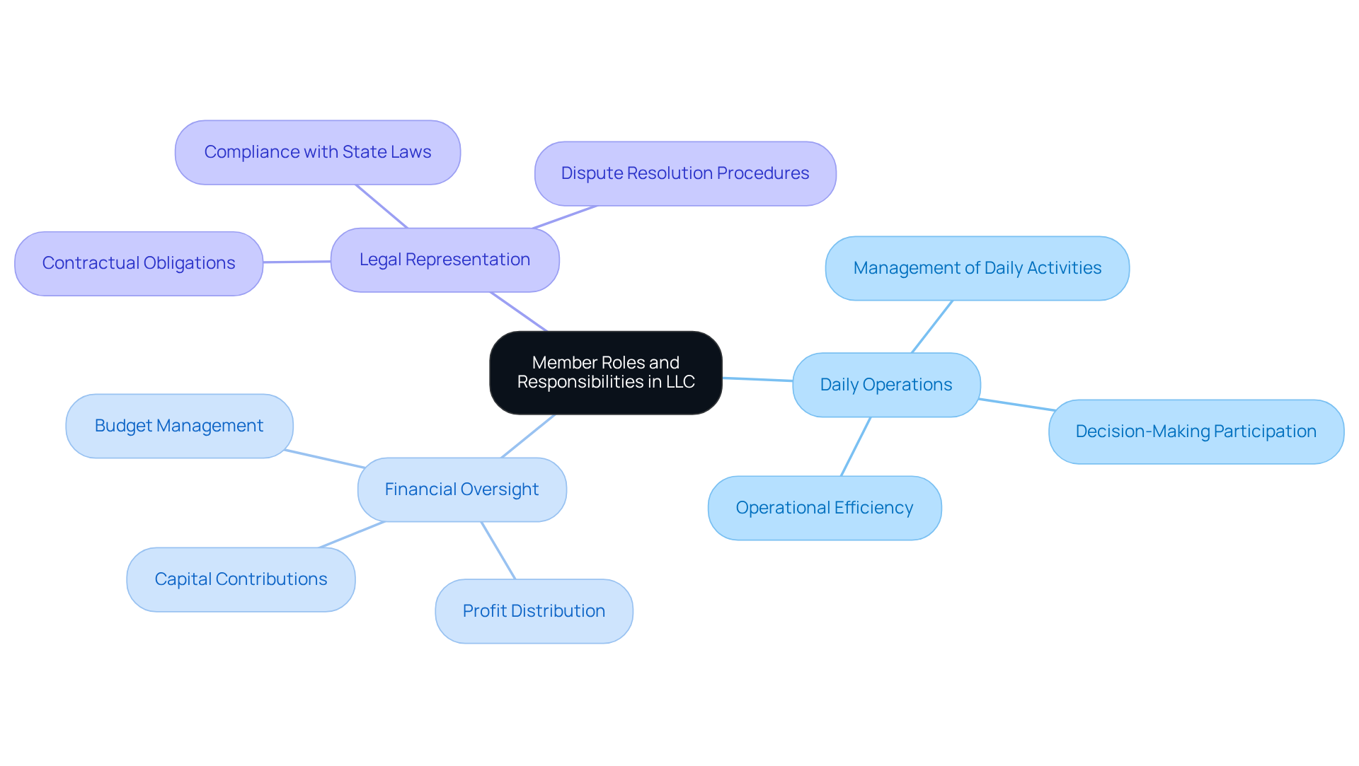 The central node represents the overall theme, while the branches show specific roles and responsibilities. Each color-coded branch helps you quickly identify different areas of responsibility within the LLC. The central node represents the overall theme, while the branches show specific roles and responsibilities. Each color-coded branch helps you quickly identify different areas of responsibility within the LLC.