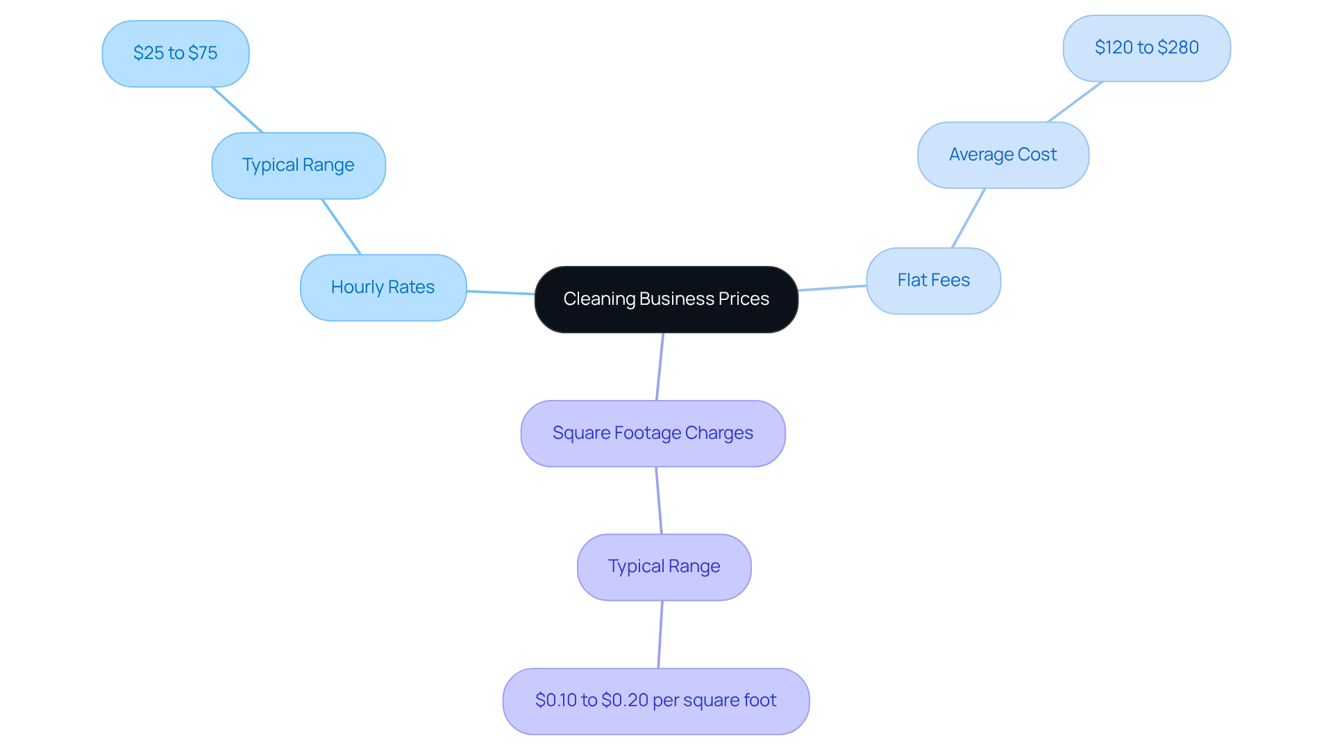 The central node represents the overall topic, while branches detail different pricing methods. Each branch shows key information about the pricing, helping you understand how cleaning services are priced.