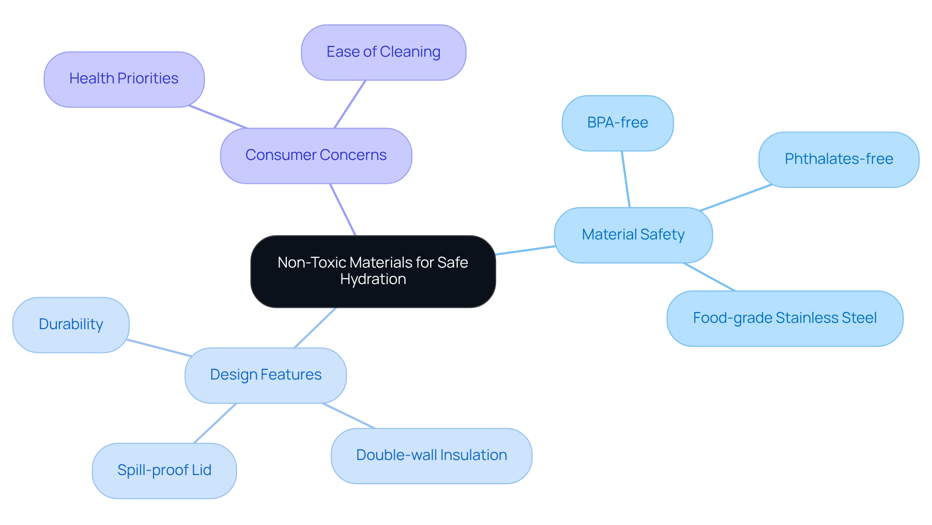 This mindmap starts with the main idea of ensuring safe hydration for children. Each branch represents a different aspect of the topic, helping you see how material safety, design features, and consumer concerns are interconnected.