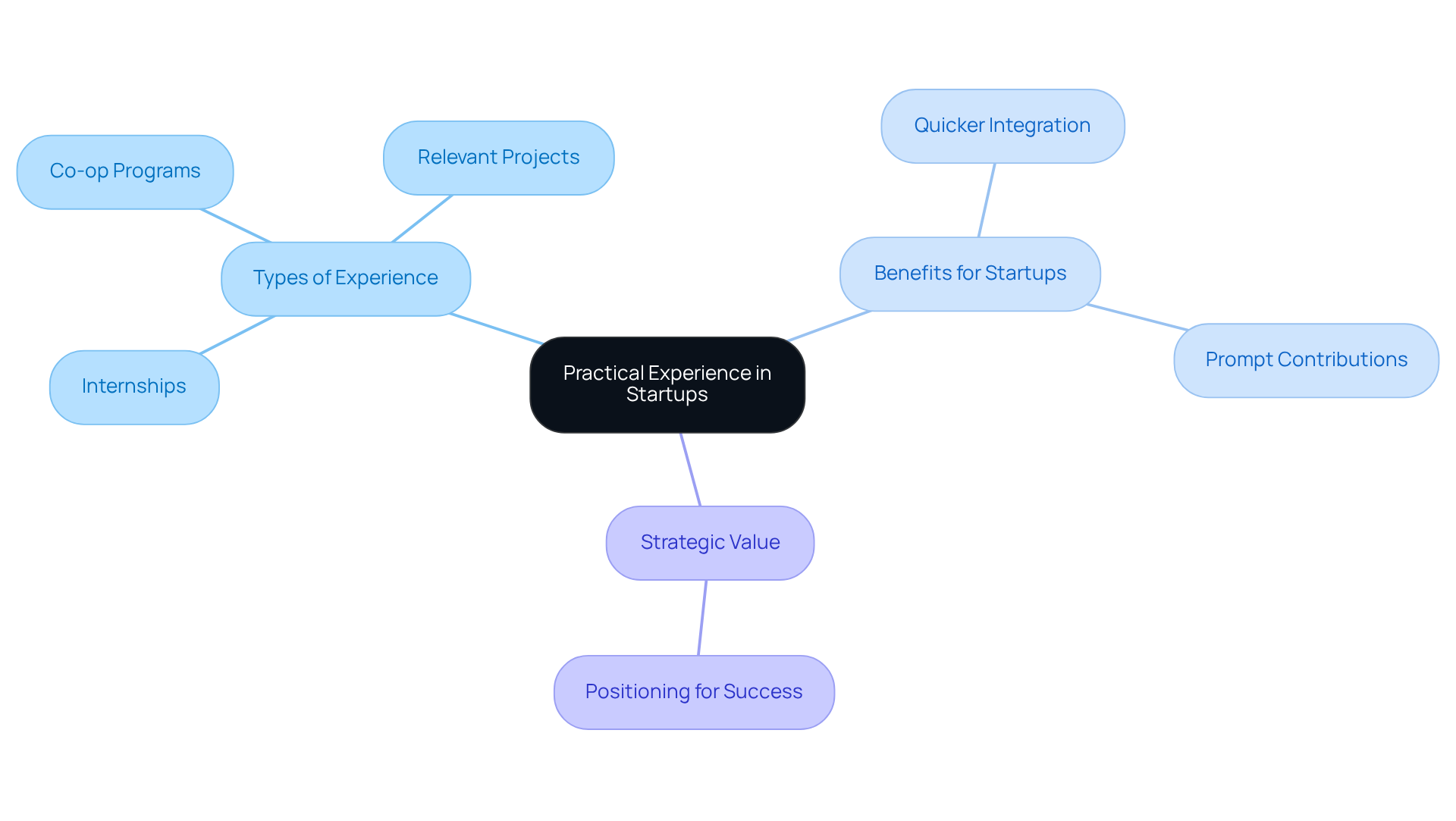 The center shows the key idea about practical experience, while the branches highlight different types of experience and their benefits for startups, illustrating how they contribute to overall success.