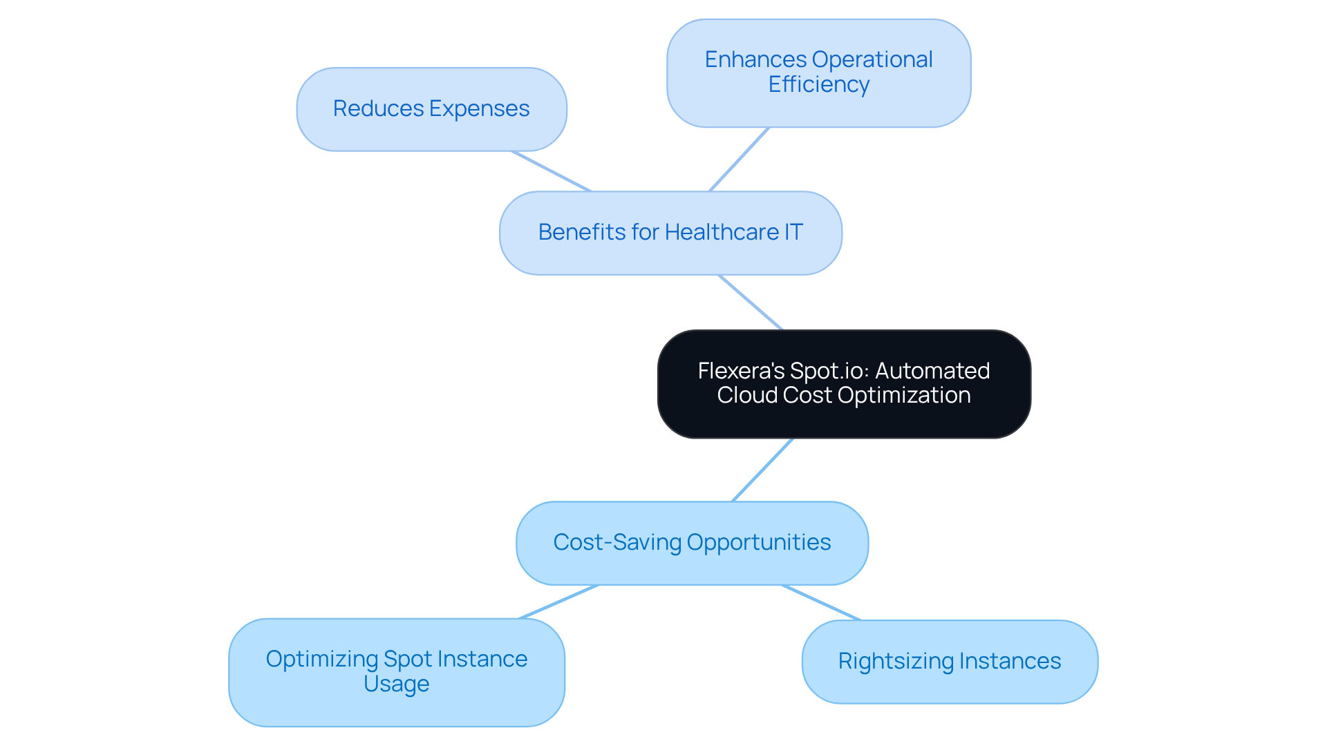 The central node represents the tool, while the branches show how it helps healthcare organizations save costs and improve efficiency. Each branch highlights specific actions and benefits, making it easy to understand how Spot.io addresses the challenges in healthcare IT.