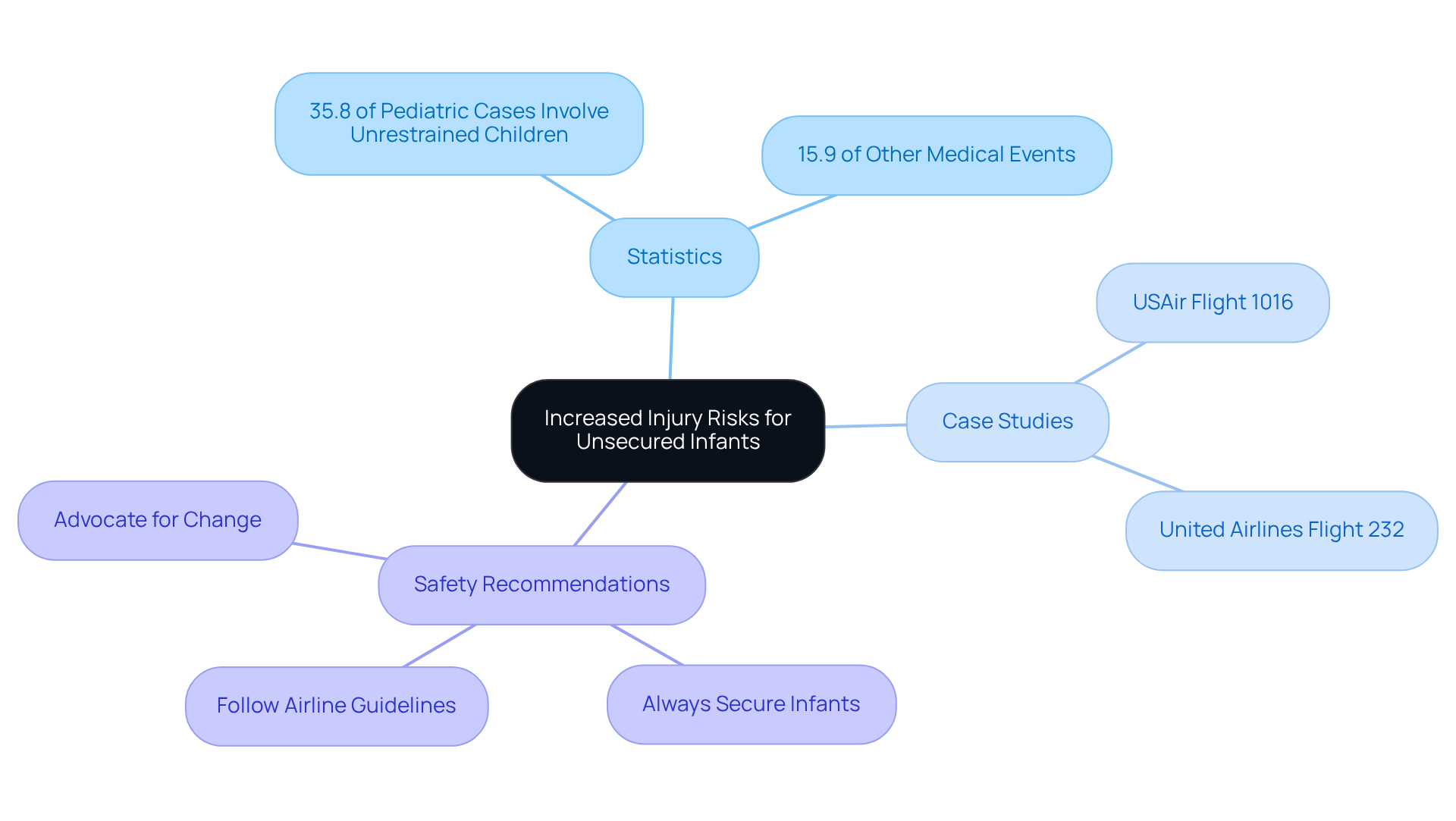 This mindmap starts with the main topic in the center and branches out to show important statistics, real-life cases, and safety tips. Each branch helps you see how these elements connect to the overall issue of infant safety in the air.