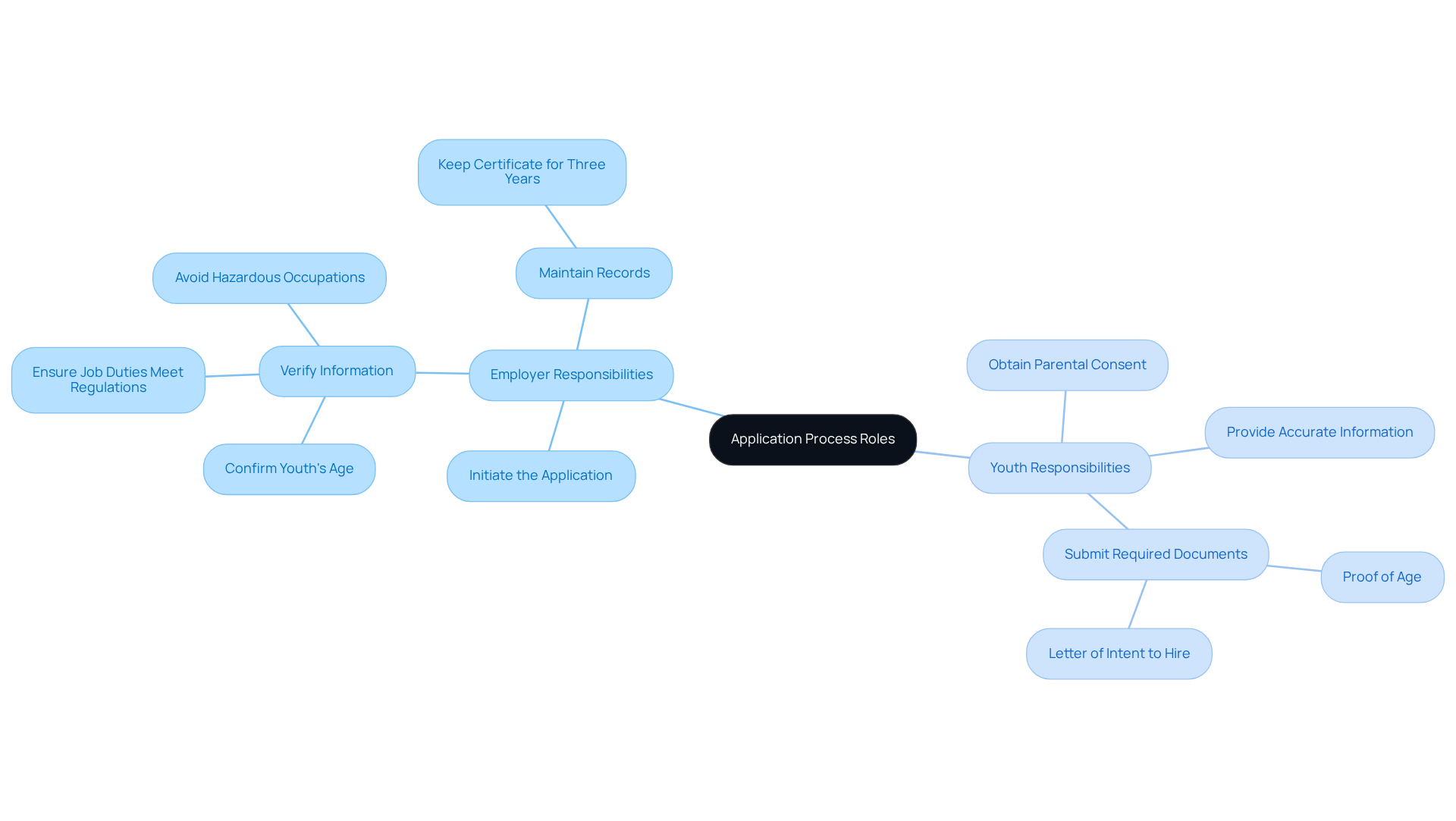 The central node represents the overall application process, while the branches show specific responsibilities for employers and youth. Each sub-branch details what each party needs to do, making it easy to understand their roles. The central node represents the overall application process, while the branches show specific responsibilities for employers and youth. Each sub-branch details what each party needs to do, making it easy to understand their roles.
