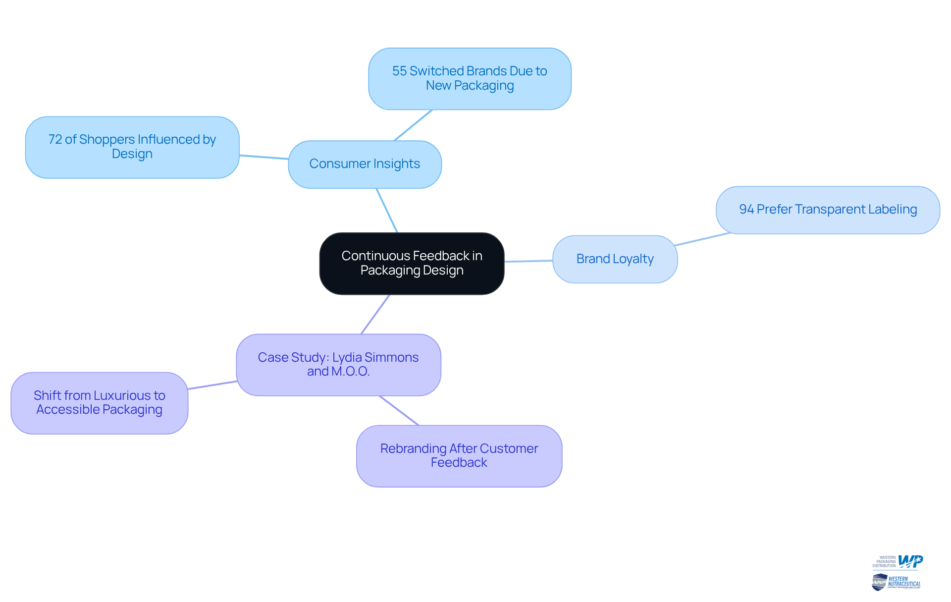 The center shows the main idea, and the branches illustrate how feedback influences consumer behavior and brand strategies. Each statistic and example highlights critical insights for improving product design.
