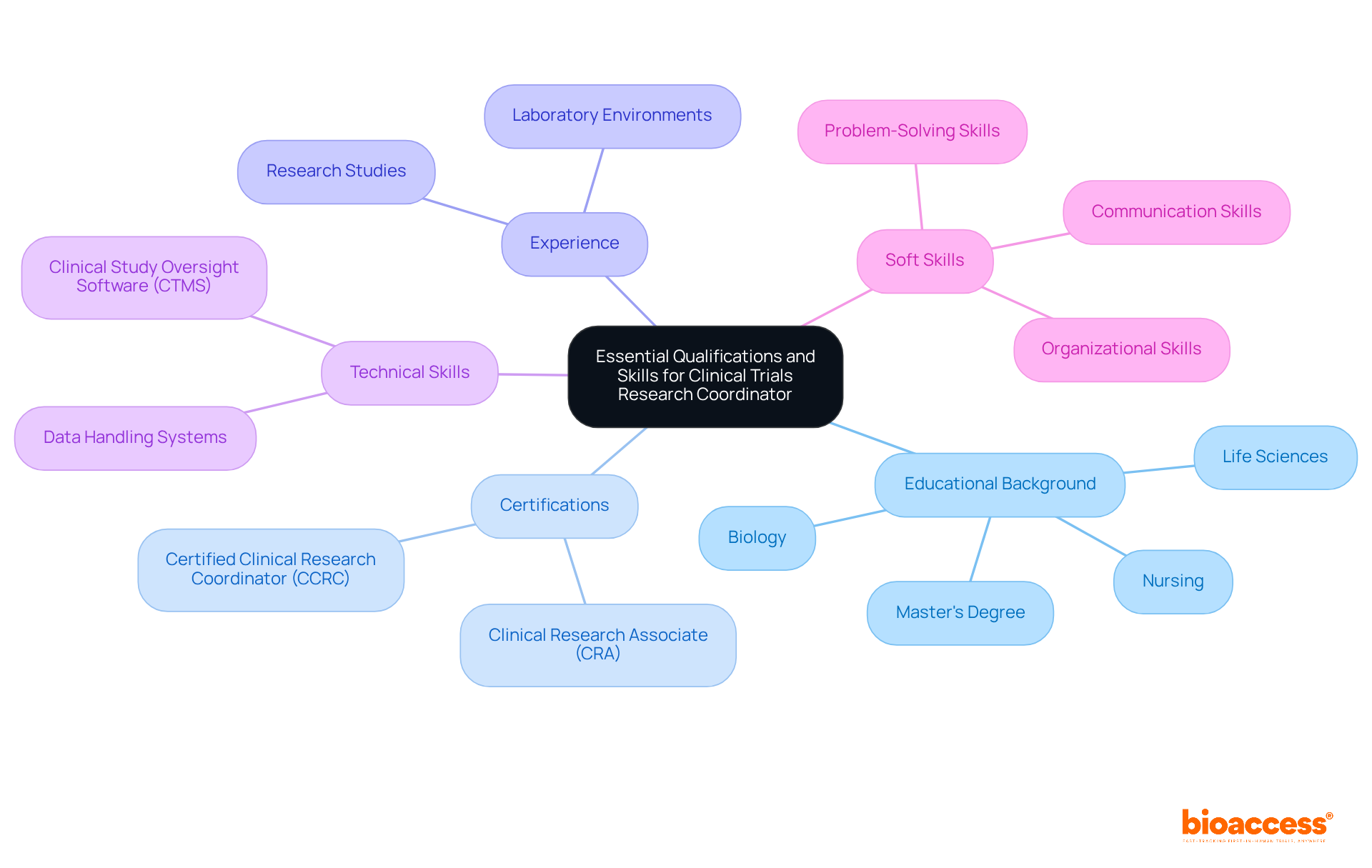 The central node represents the main focus of the mindmap, while the branches show different categories of qualifications. Each sub-branch lists specific skills or requirements, helping you understand what is needed for the role.