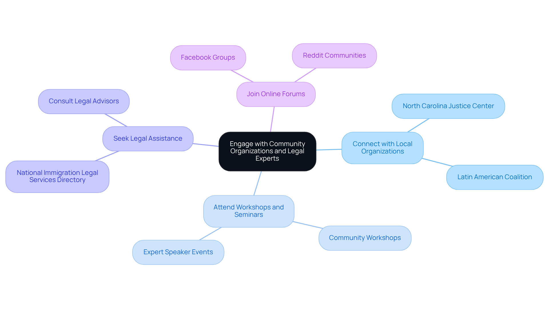 This mindmap shows how to engage with community resources for visa support. Start at the center with the main theme, then follow the branches to see different strategies and their specific actions or examples.