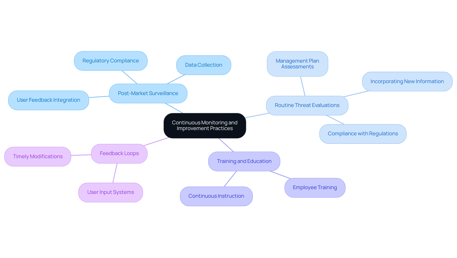The central node represents the main theme, while the branches show key practices. Each sub-branch provides more detail about actions or considerations related to that practice. Follow the branches to understand how each practice contributes to overall safety and compliance.