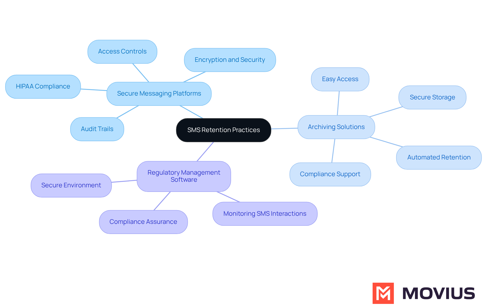 The center represents the overall goal of SMS retention, while the branches show different tools and systems that help achieve this goal. Each branch highlights specific features or benefits, making it easy to understand how they contribute to effective SMS management.