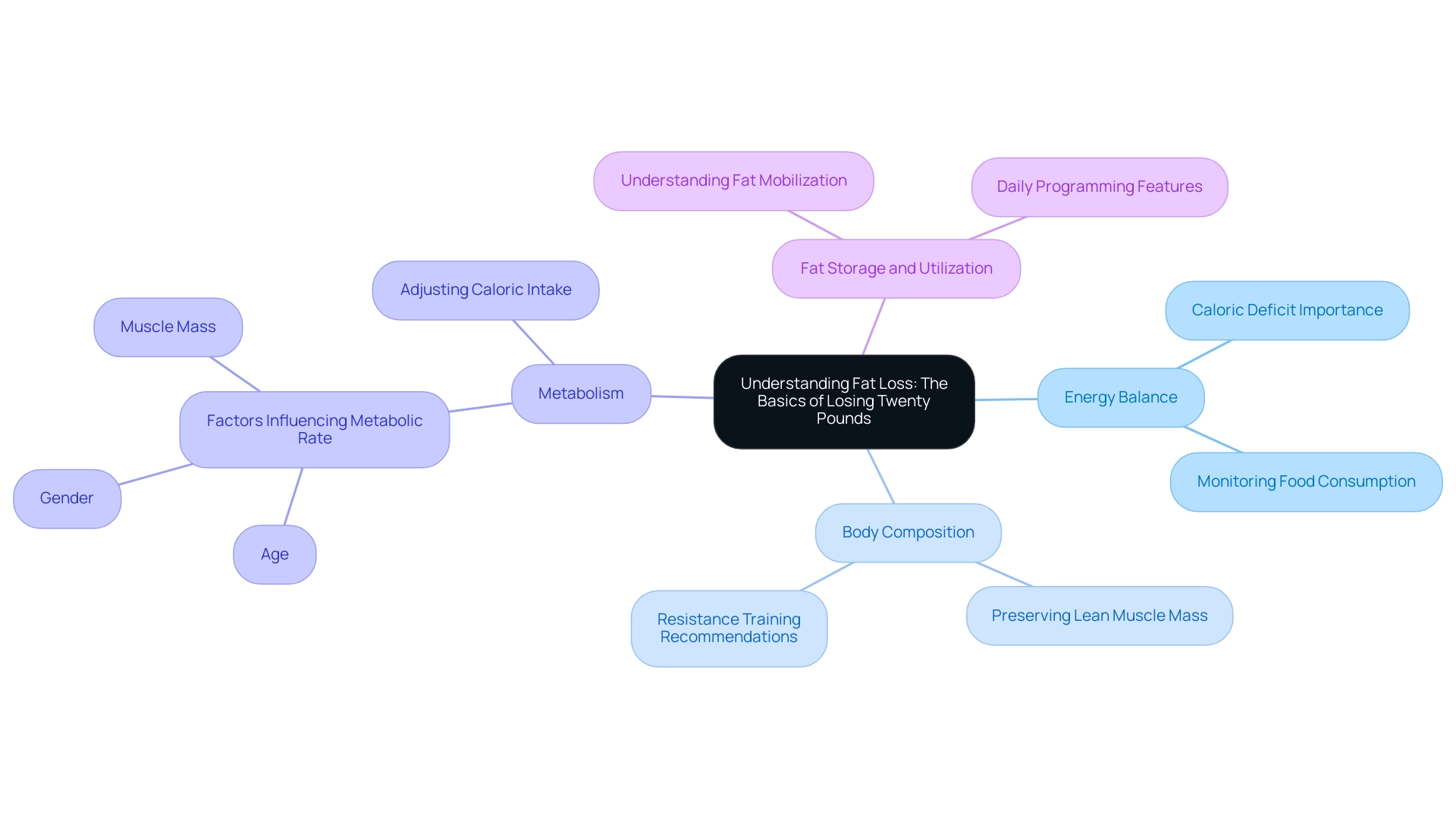 Each branch represents a fundamental concept in fat loss, with color coding distinguishing between Energy Balance, Body Composition, Metabolism, and Fat Storage/Utilization.