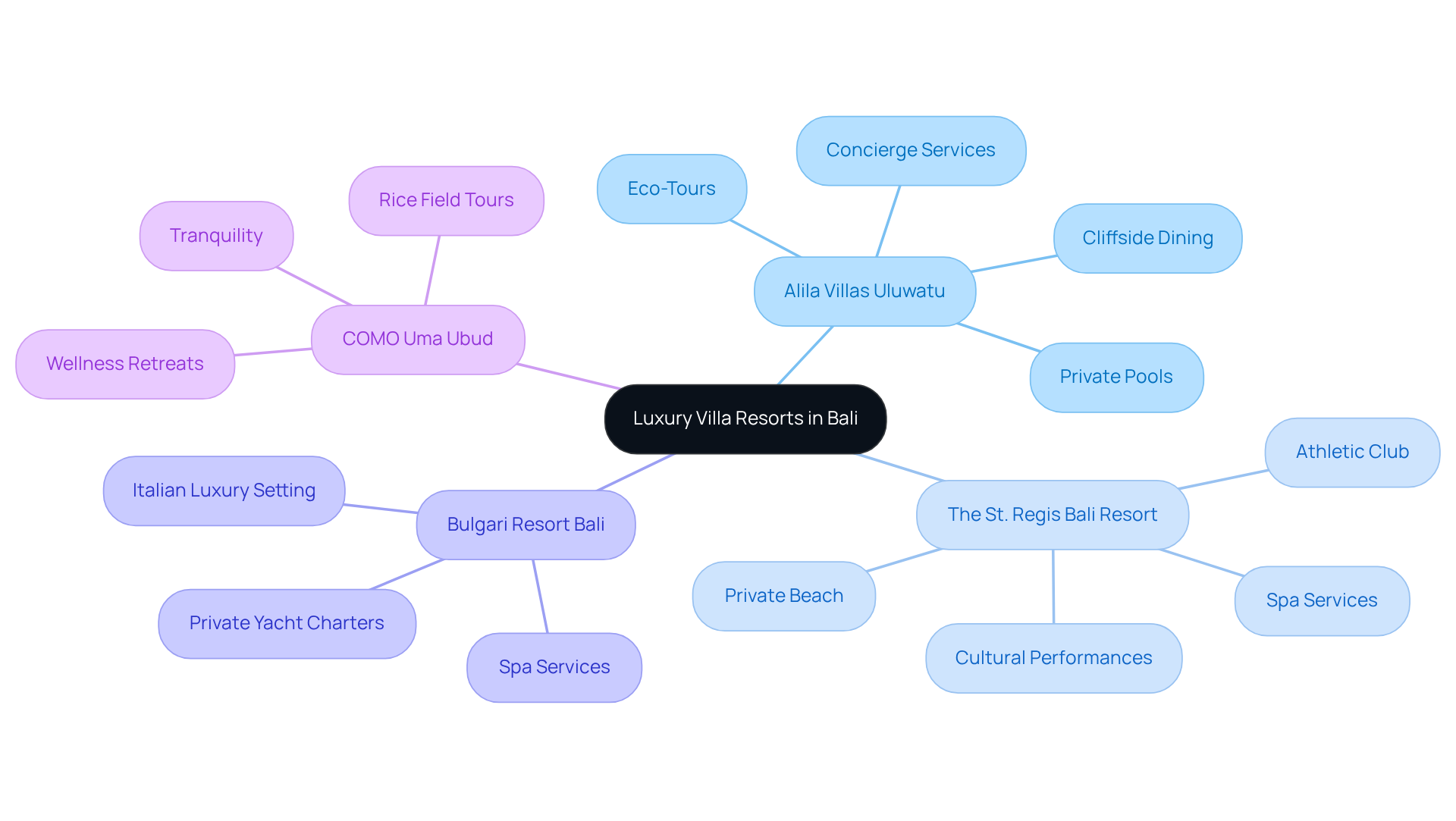 Each branch represents a different luxury villa resort, with sub-branches showing what makes each one special. This helps you see at a glance what each resort offers.