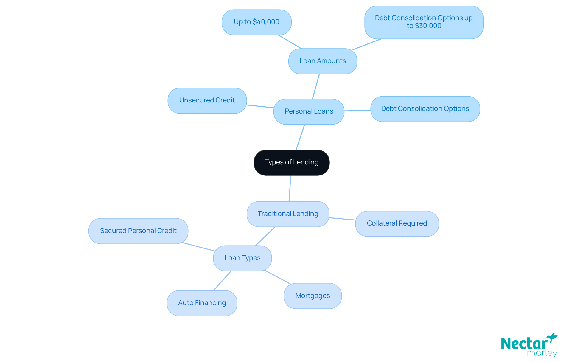 The center shows the main topic of lending types. The branches represent the two main categories, with further branches detailing their unique features and examples.