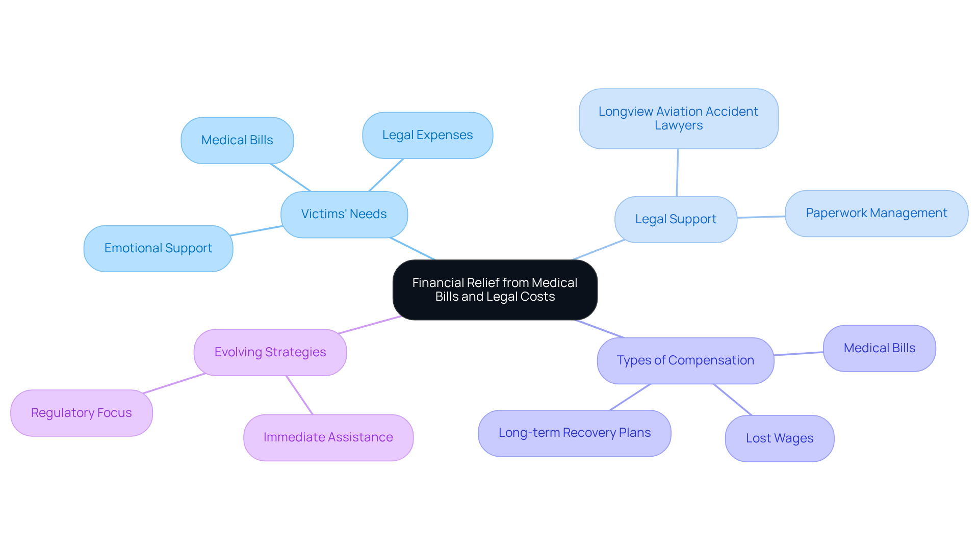 This mindmap illustrates how victims of aviation accidents can find financial relief. Start at the center with the main topic, then explore the branches to see the different needs, types of support, and compensation available. Each branch represents a key area of focus, helping you understand the comprehensive support system in place.
