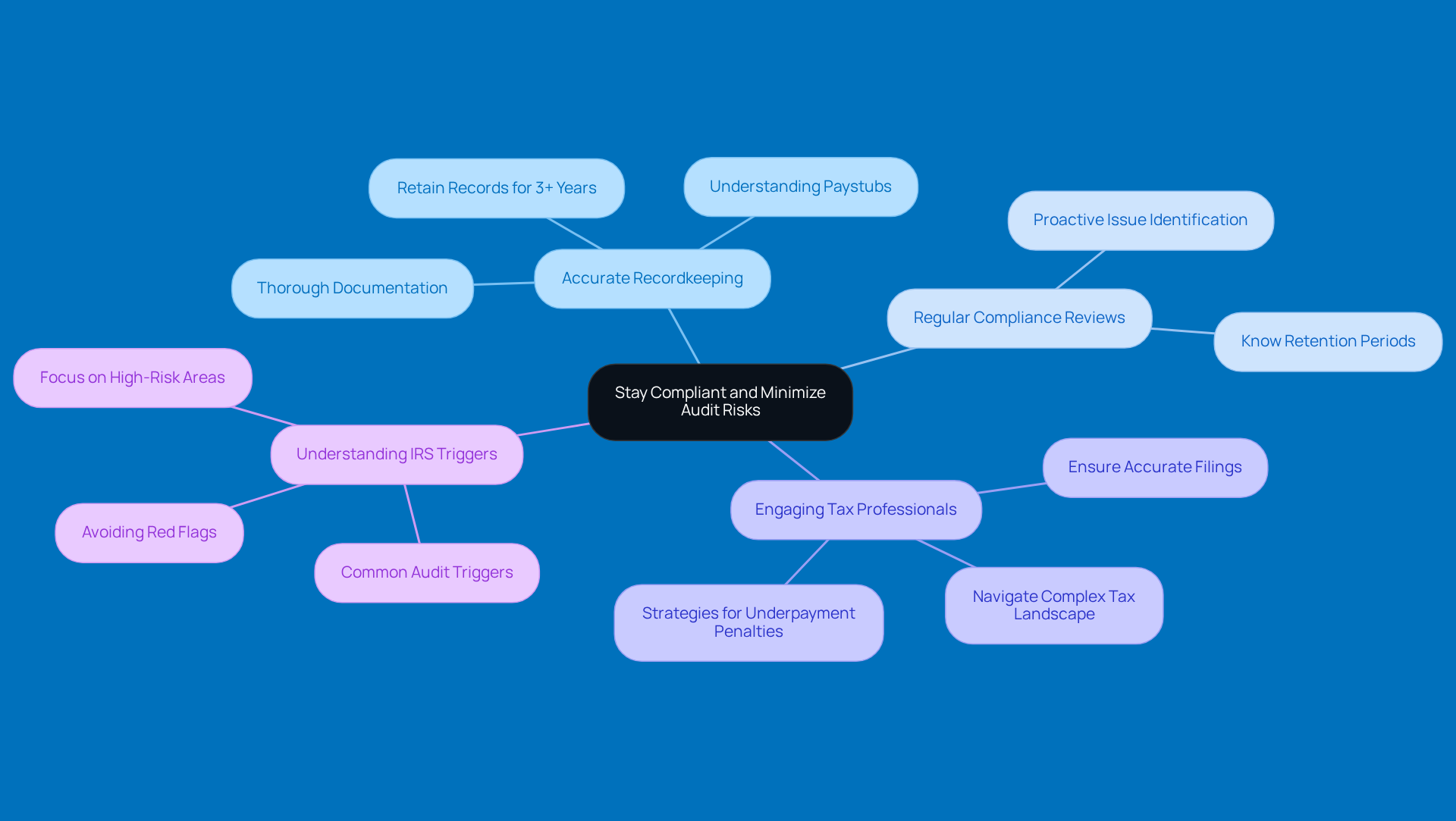 The central node represents the main goal of staying compliant and minimizing audit risks. Each branch shows a key strategy, and the sub-branches provide additional details or actions related to that strategy. This layout helps you see how each part contributes to the overall objective.