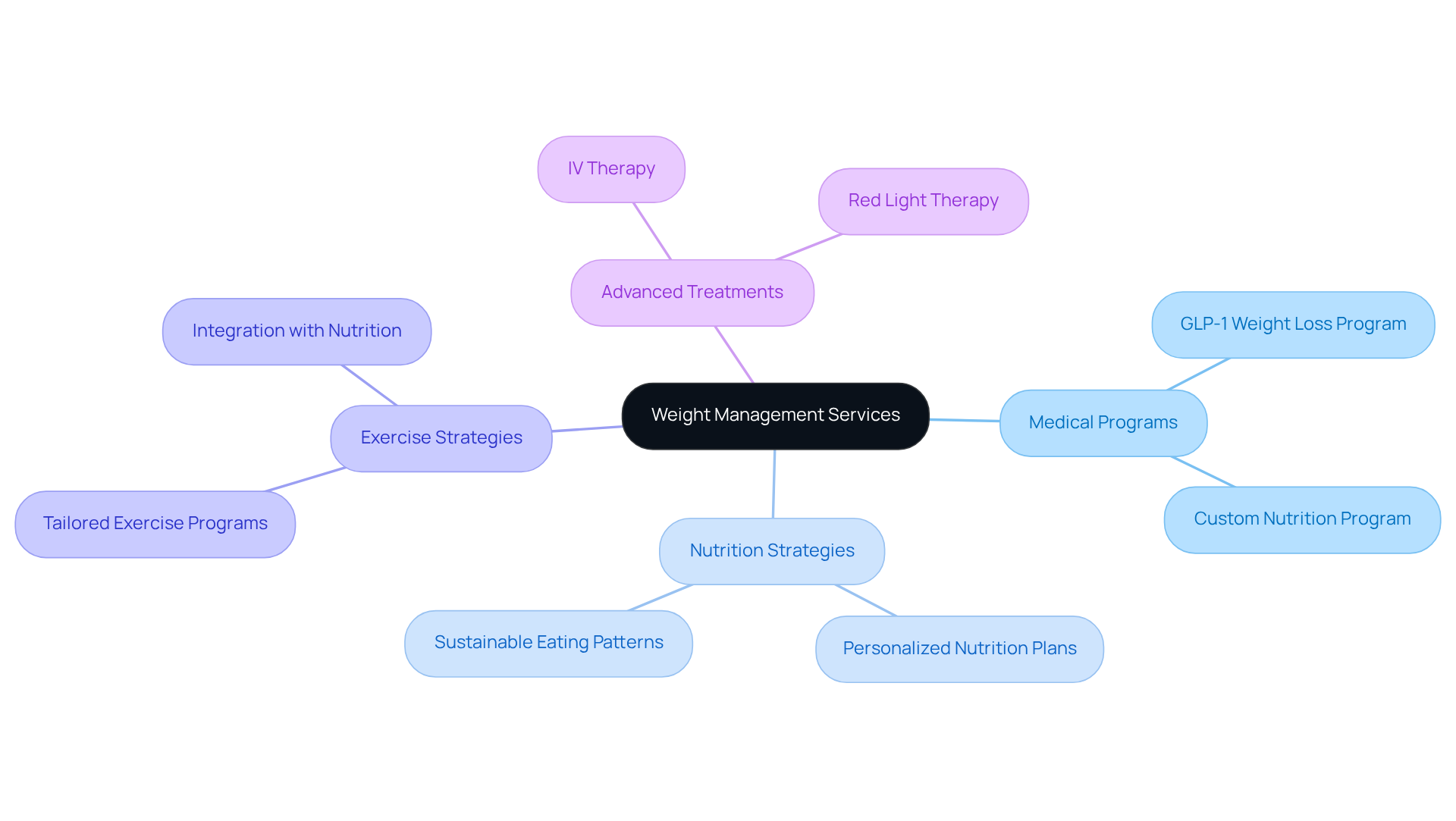 The center represents the overall theme of weight management, while the branches show the different services and strategies available to support your health journey.