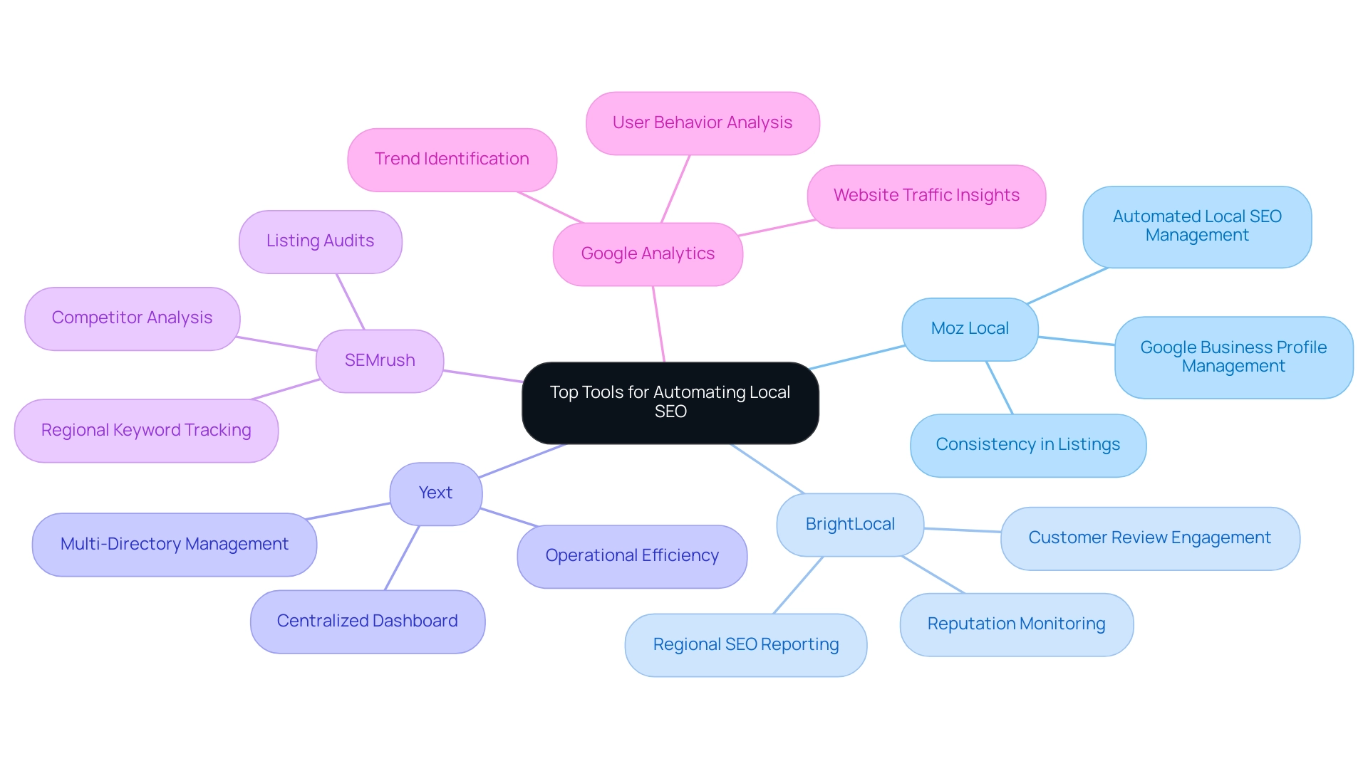 The central node represents the overall theme of local SEO tools, with branches showing individual tools and their respective features.