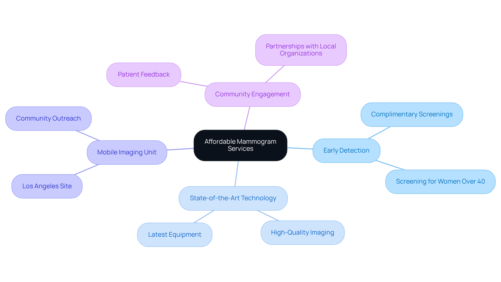 The central node represents the main focus on affordable mammogram services, while the branches show different aspects of the initiative. Each color-coded branch highlights a specific area of focus, making it easy to see how they all connect to the goal of improving breast health accessibility.