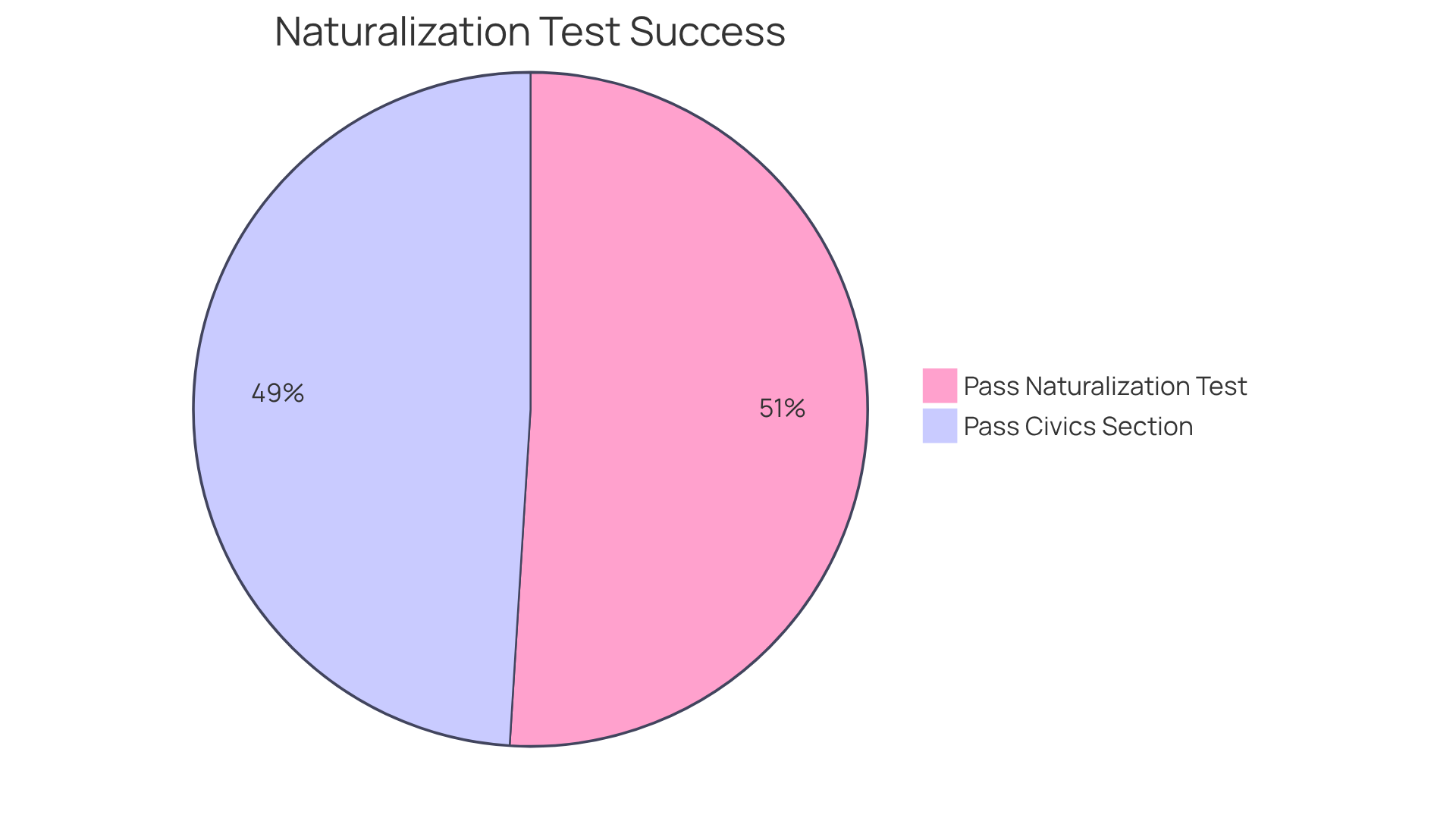 The green slice shows the percentage of candidates who pass the naturalization test, while the blue slice represents those who succeed in the civics section. The bigger the slice, the more candidates achieved that success!