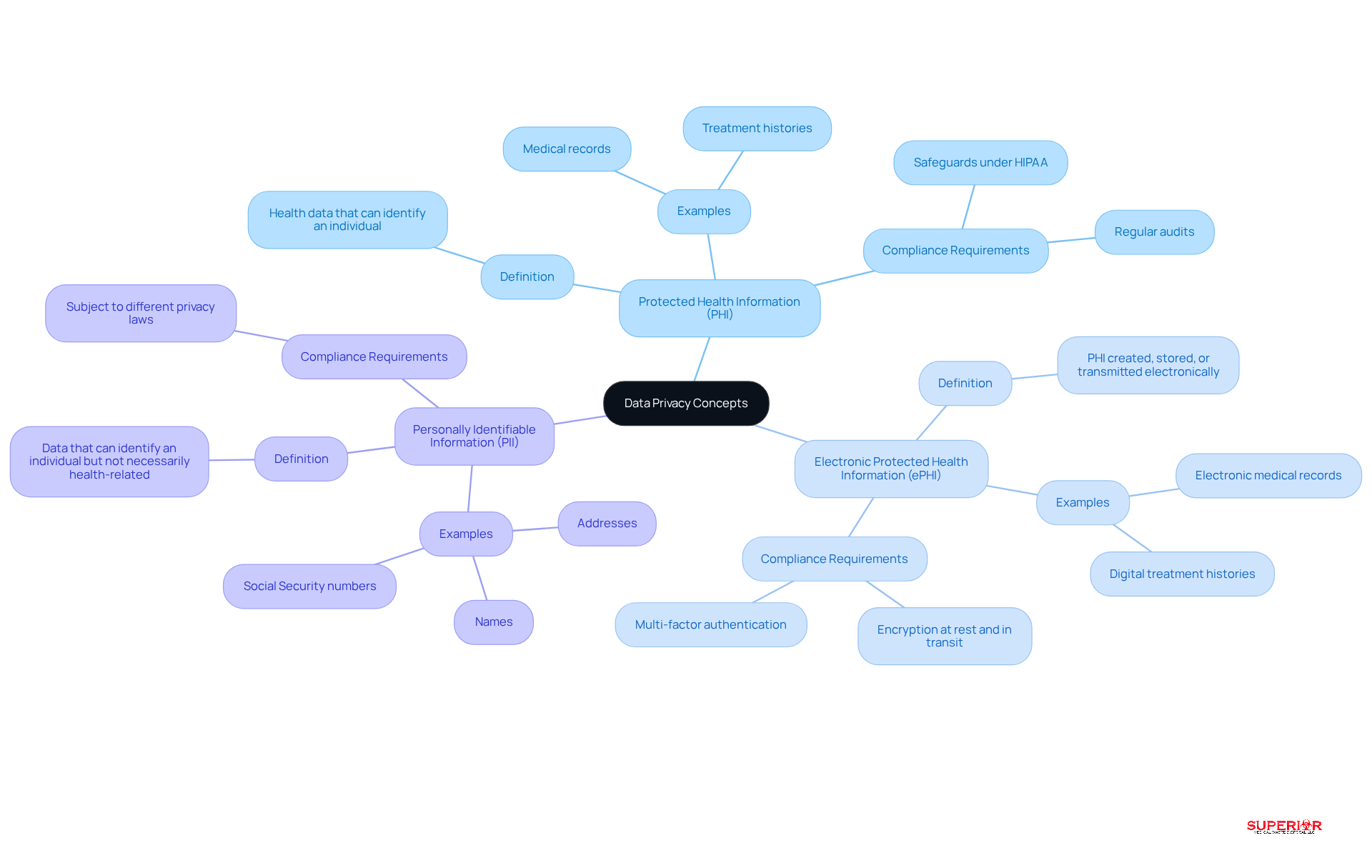 The central node represents the overarching topic of data privacy. Each branch represents a different category of information, with further details provided in the sub-branches. This structure helps you understand how these concepts relate and differ from one another.