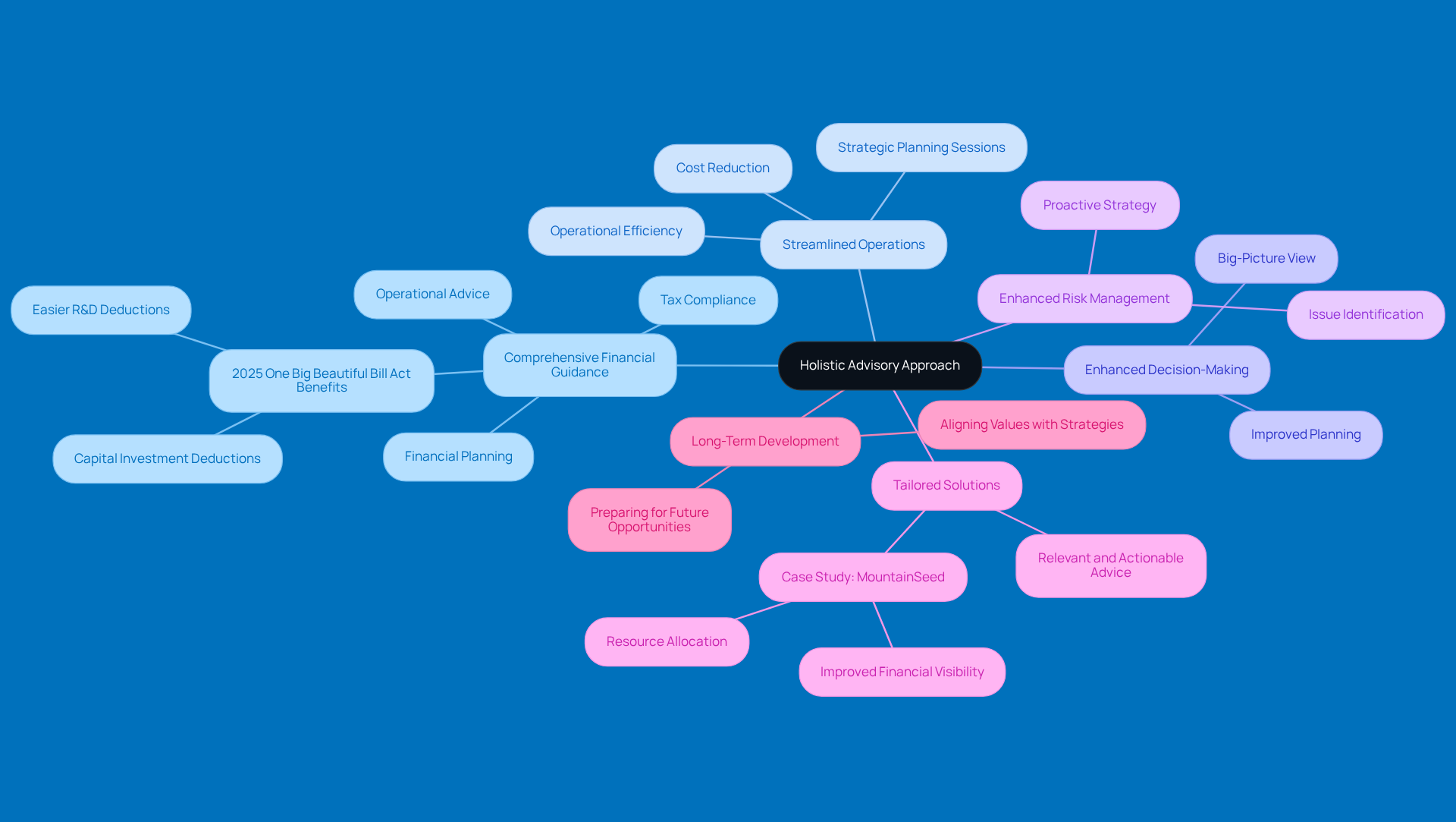 This mindmap shows how a holistic advisory approach can support your business. Each branch represents a key benefit, and the sub-branches provide more details about how that benefit can help you grow and succeed.