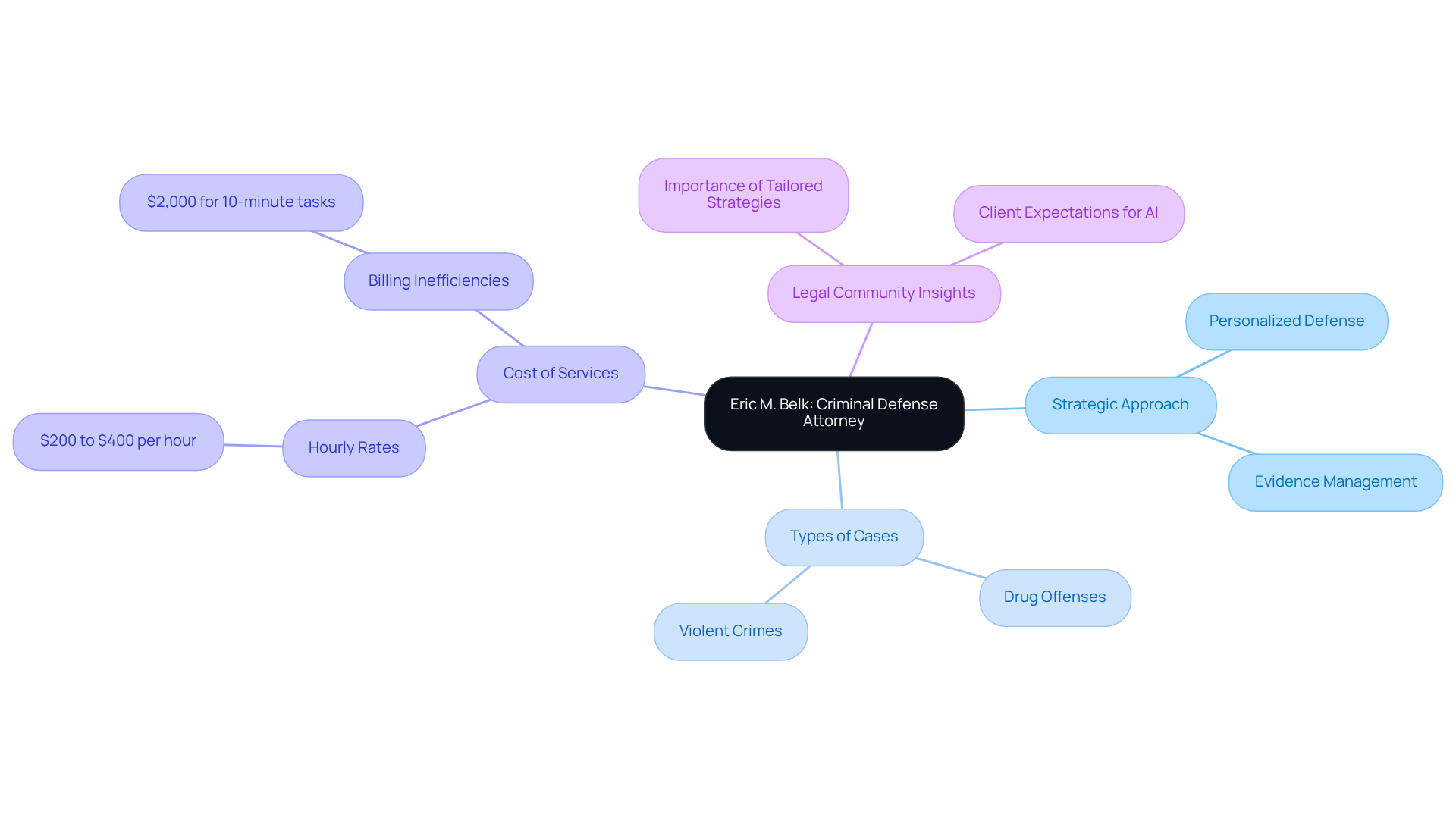 The central node represents Eric M. Belk, and the branches show different aspects of his practice. Each branch highlights important elements like his strategies, the types of cases he handles, and insights from the legal community.