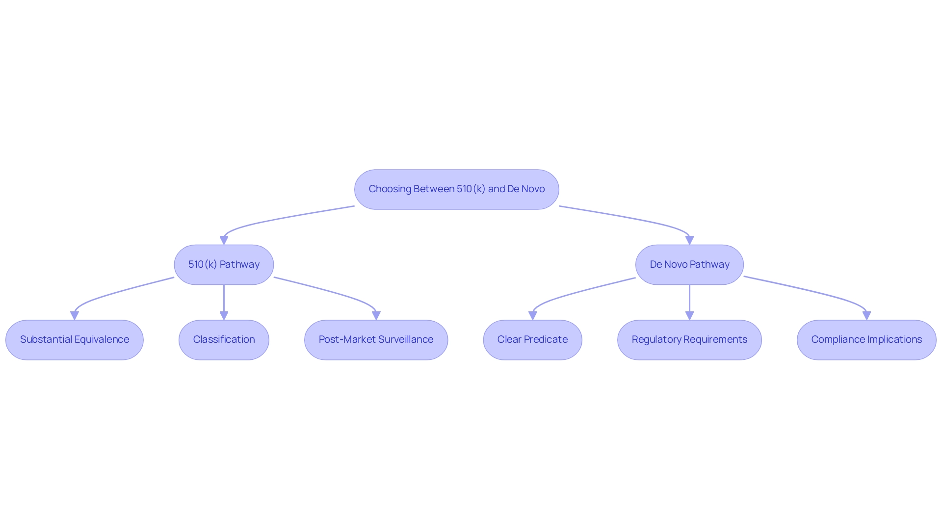 Each pathway (510(k) and De Novo) is represented by different colors, with boxes detailing key considerations that influence decision-making.