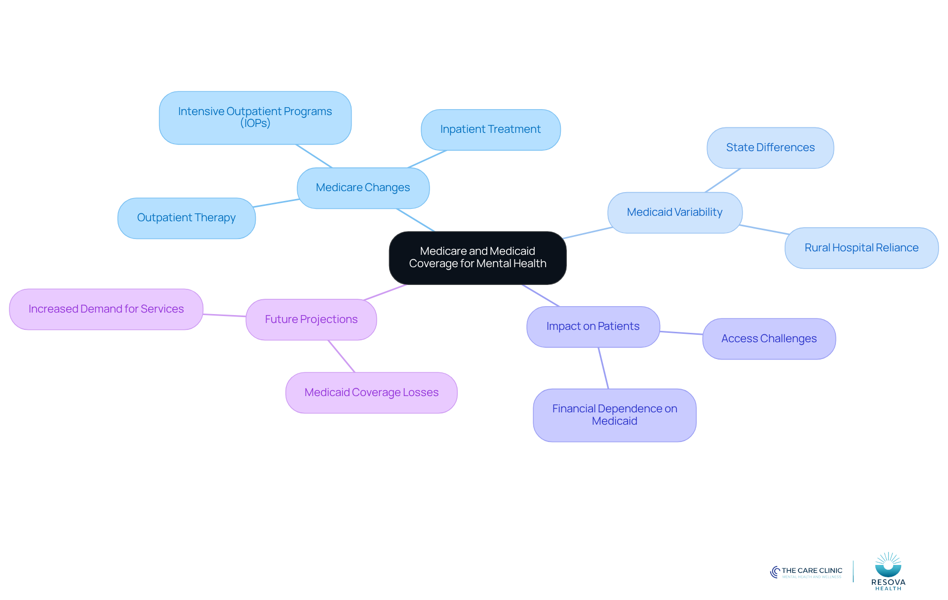 The central node represents the overall topic, while branches show specific areas of focus. Each color-coded branch helps you see how different aspects of Medicare and Medicaid relate to mental health services and patient access. The central node represents the overall topic, while branches show specific areas of focus. Each color-coded branch helps you see how different aspects of Medicare and Medicaid relate to mental health services and patient access.