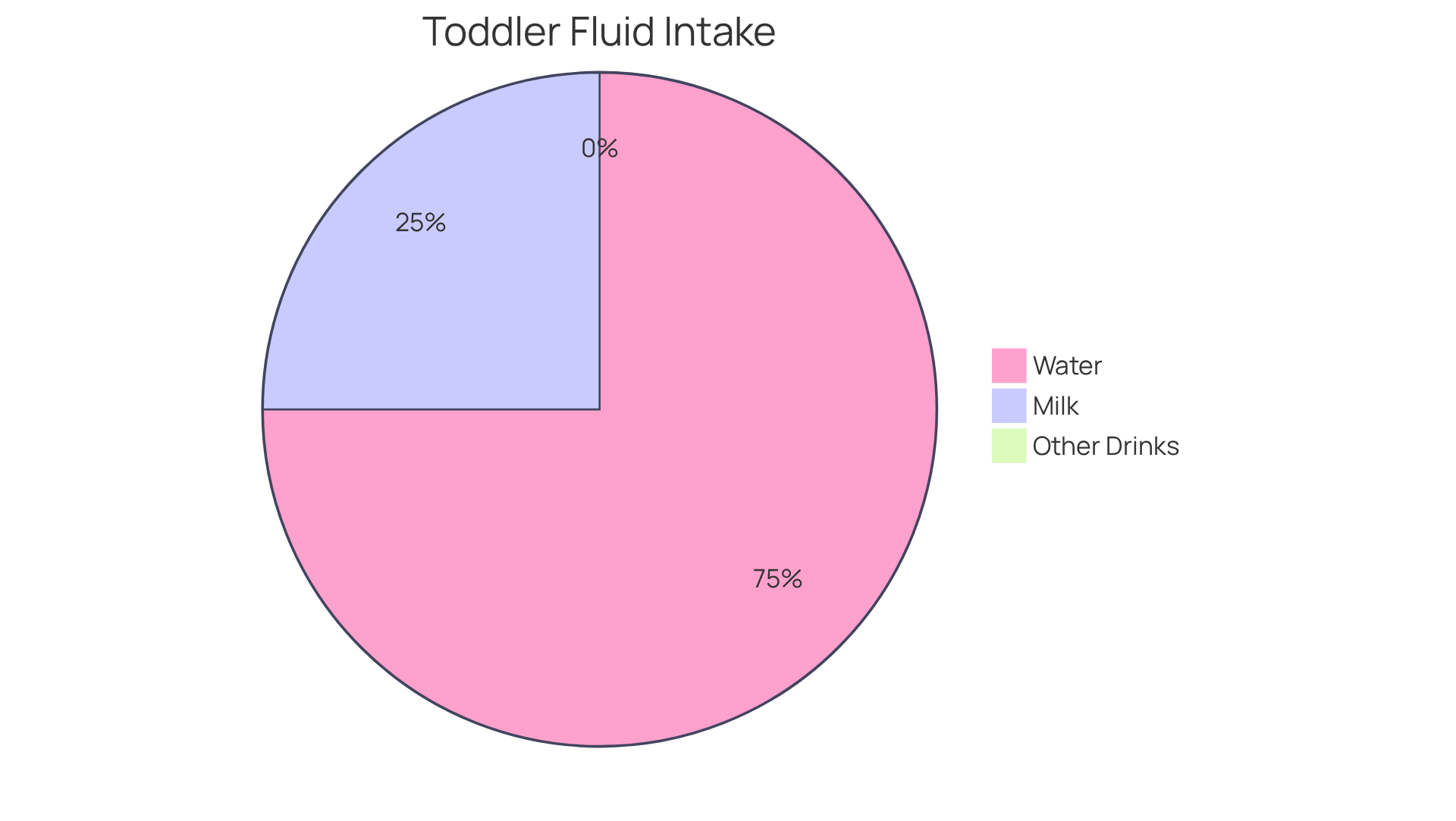 This pie chart shows how much of your toddler's daily fluid intake should come from different sources. The bigger the slice, the more important that drink is for keeping your little one hydrated! This pie chart shows how much of your toddler's daily fluid intake should come from different sources. The bigger the slice, the more important that drink is for keeping your little one hydrated!