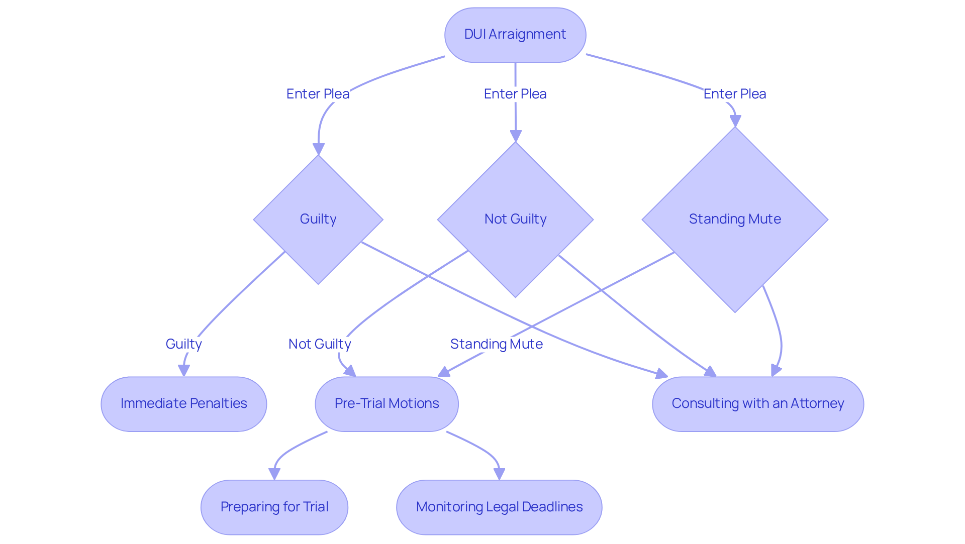 This flowchart shows what happens after a DUI arraignment based on your plea. Each path leads to different outcomes and next steps, helping you understand the legal process.