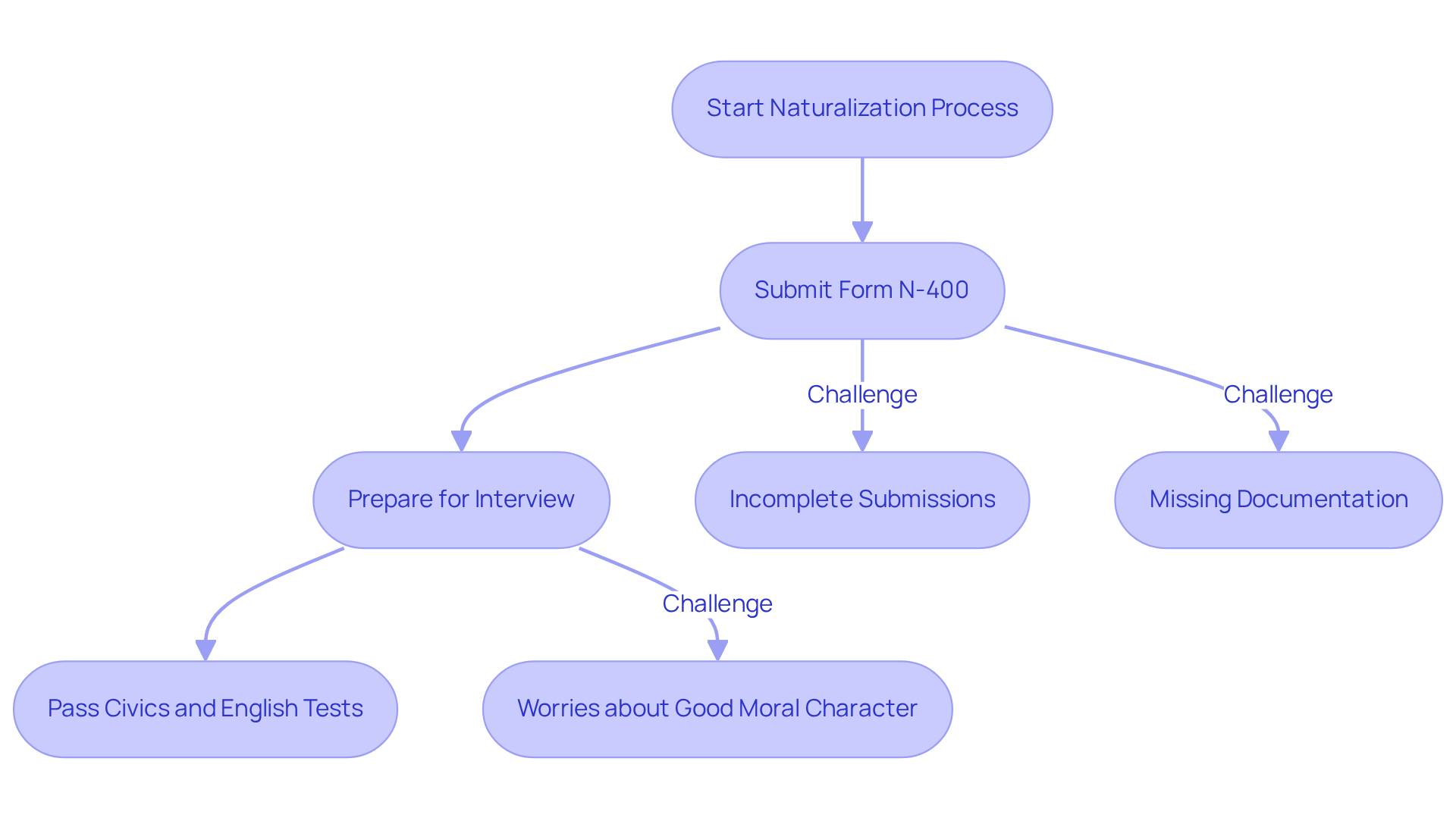 Follow the arrows to see the steps in the naturalization process. Each box represents a stage, and the notes highlight common challenges you might face along the way.