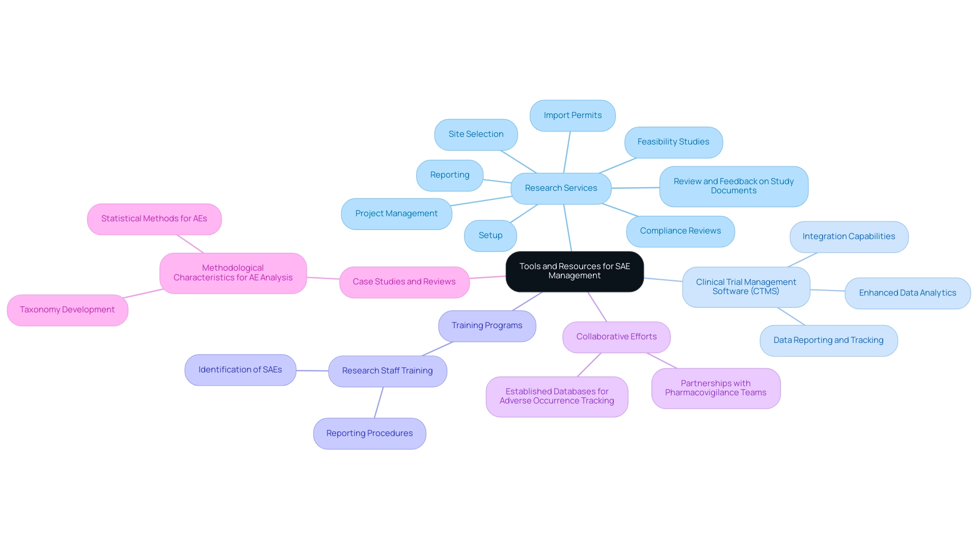 The central node represents SAE management, with branches showing categories and sub-branches detailing specific tools and resources.