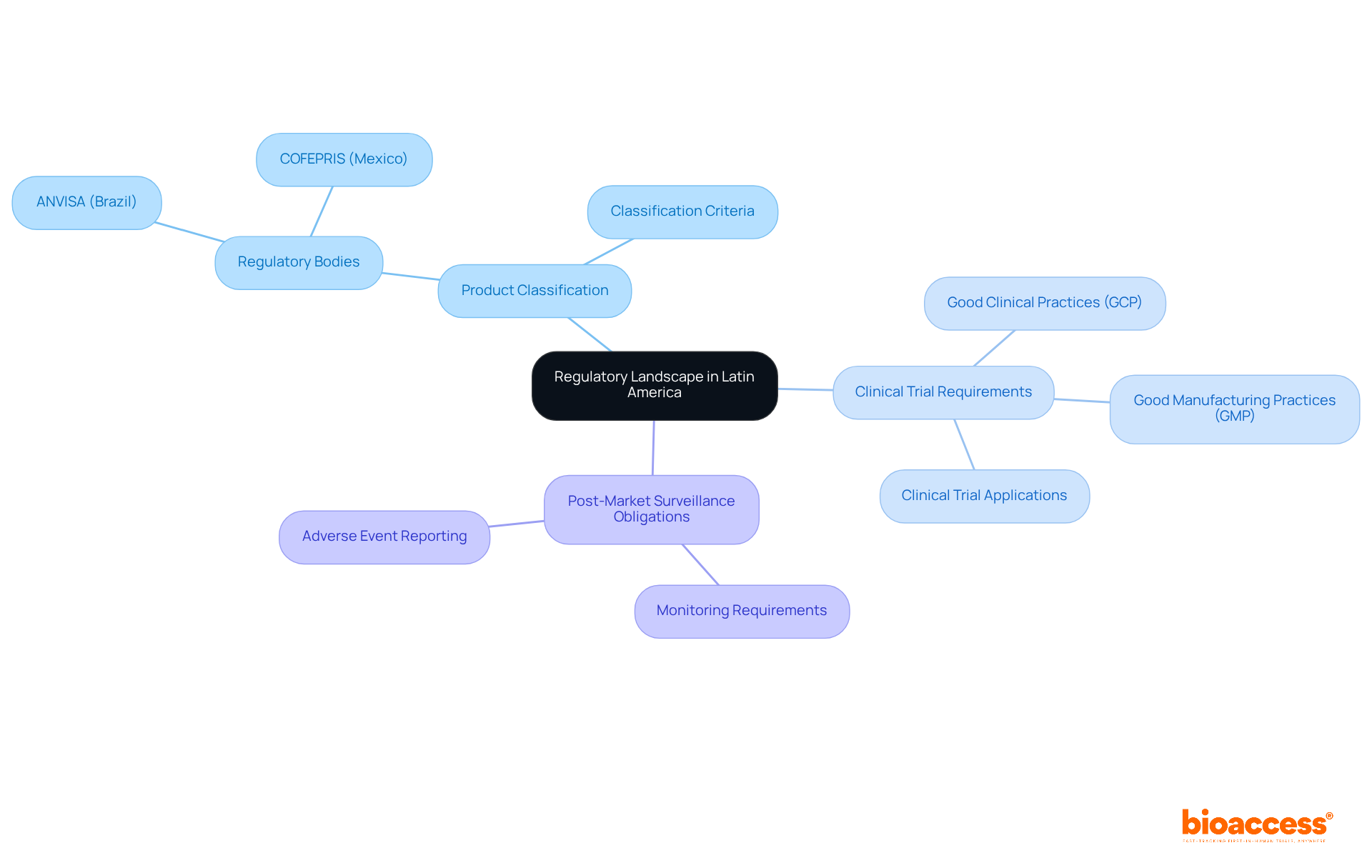 The central node represents the overall regulatory landscape, while the branches show key areas of focus. Each sub-branch provides more detail on specific regulations and services, helping you navigate the complexities of compliance.