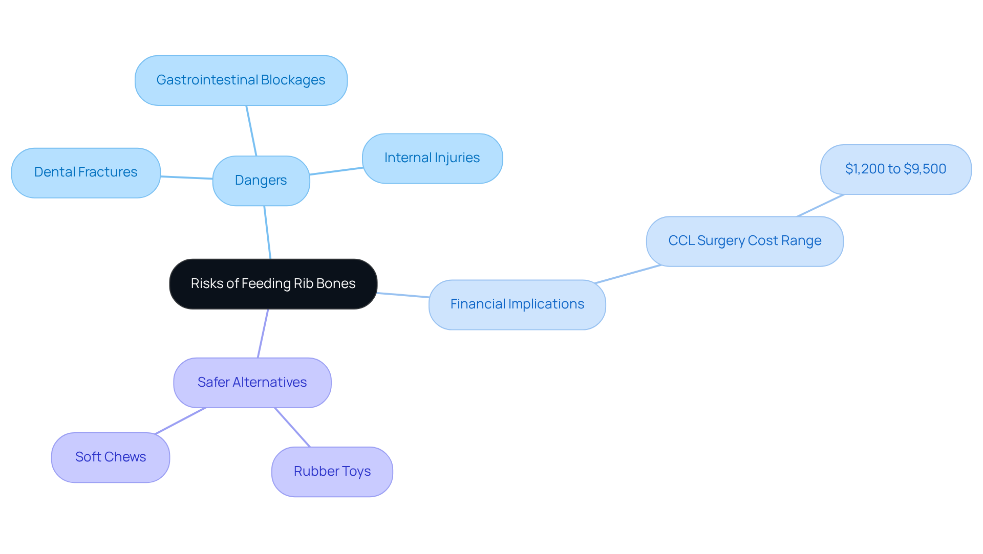 The mindmap shows the main topic in the center and branches out to explore dangers, costs, and safer options. Each branch helps you understand the potential risks and better choices for your pet.