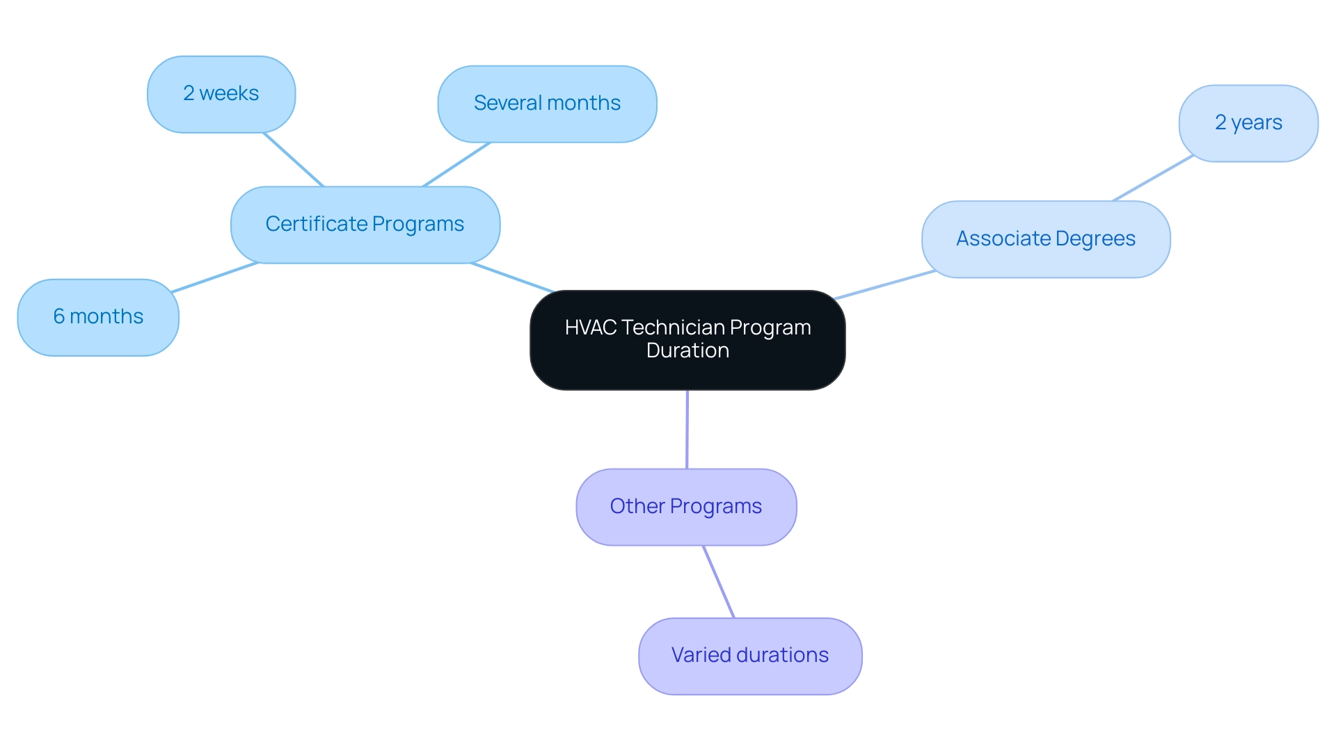 The central node represents overall program options, with branches for different types of programs and their respective durations.