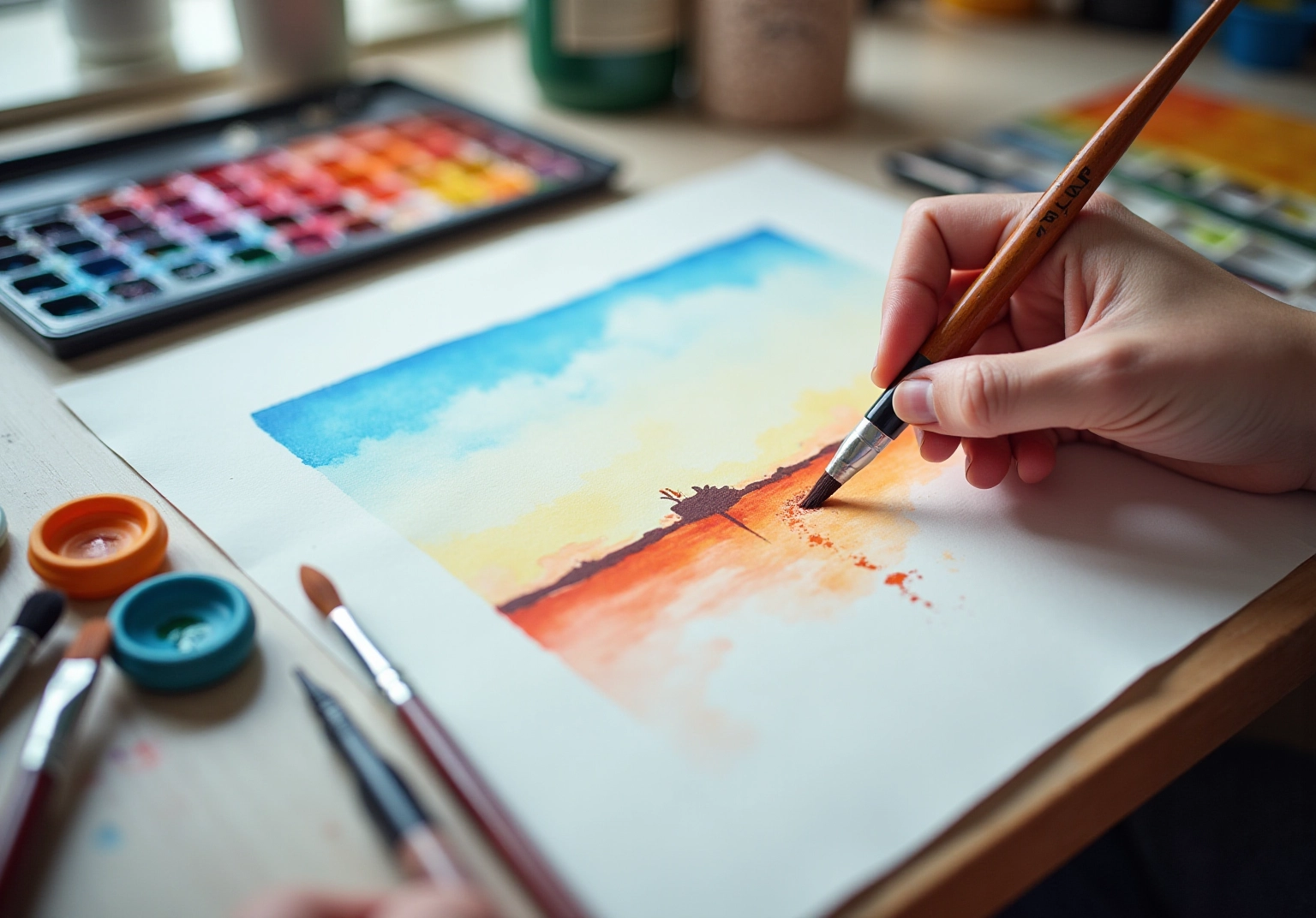 Artist at Work: Watercolor Landscape Creation Artist at Work: Watercolor Landscape Creation