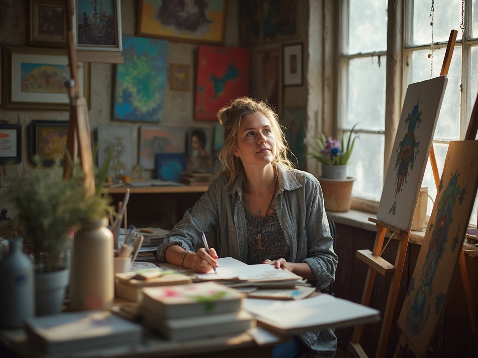 Artist Contemplating Titles in Studio