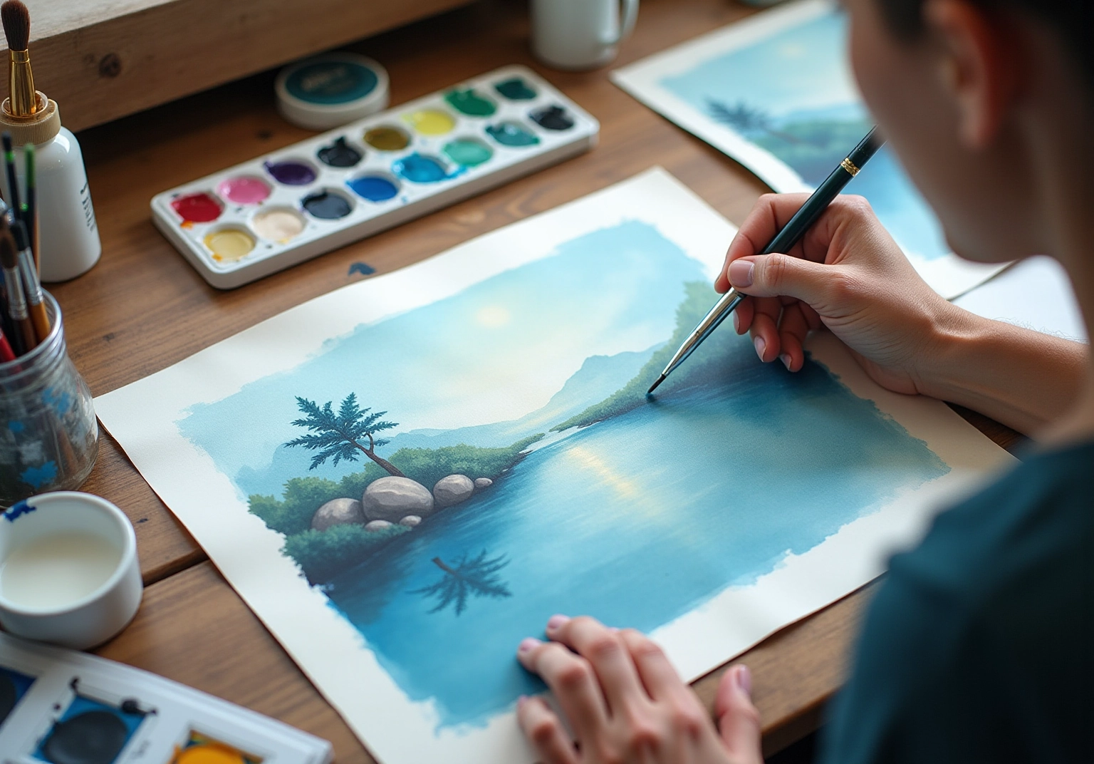 Artist Creating a Watercolor Landscape