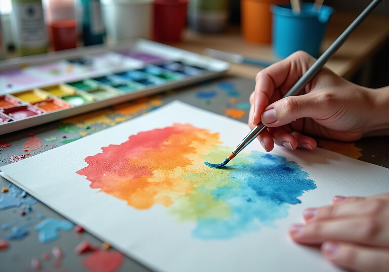Artist Engaged in Wet on Dry Watercolor Technique