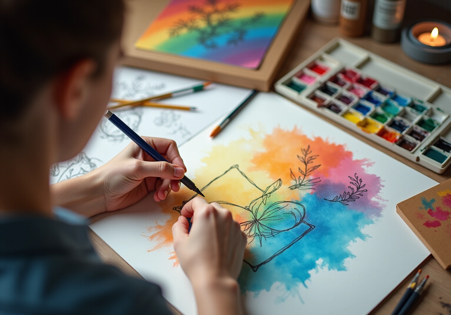 Artist Enhancing Artwork with Ink and Watercolor Artist Enhancing Artwork with Ink and Watercolor