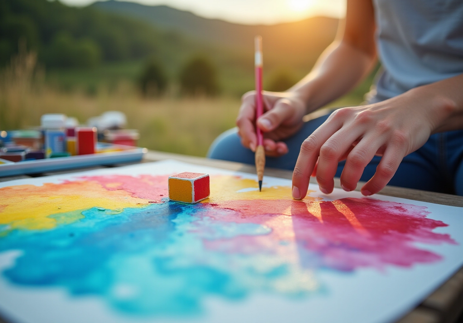 Artist Painting Outdoors with Watercolor Blocks Artist Painting Outdoors with Watercolor Blocks