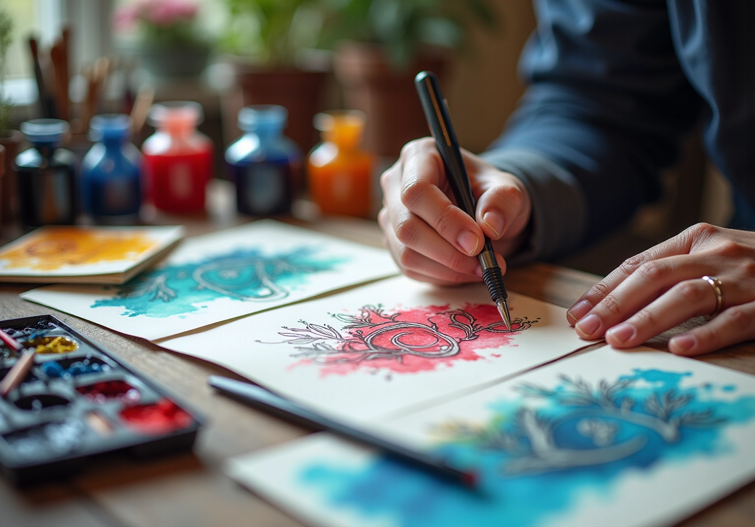 Artistic Exploration of Ink and Watercolor