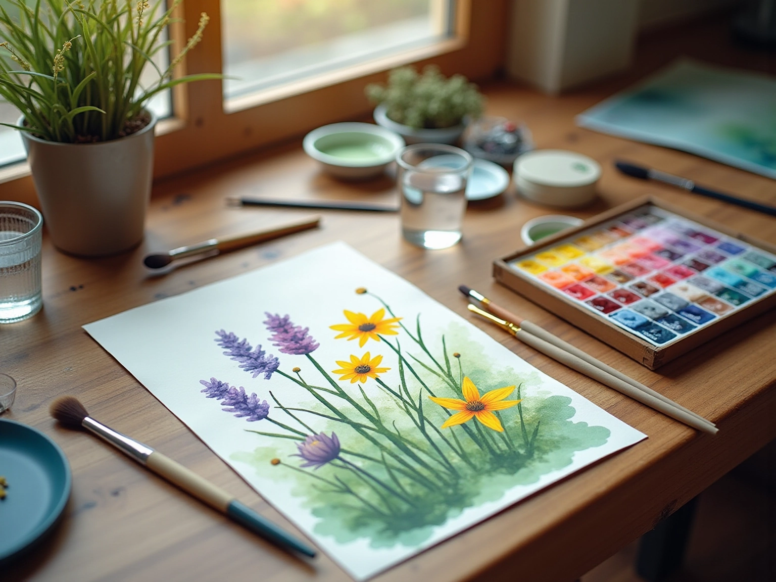 Artistic Workspace for Wildflower Watercolor Painting