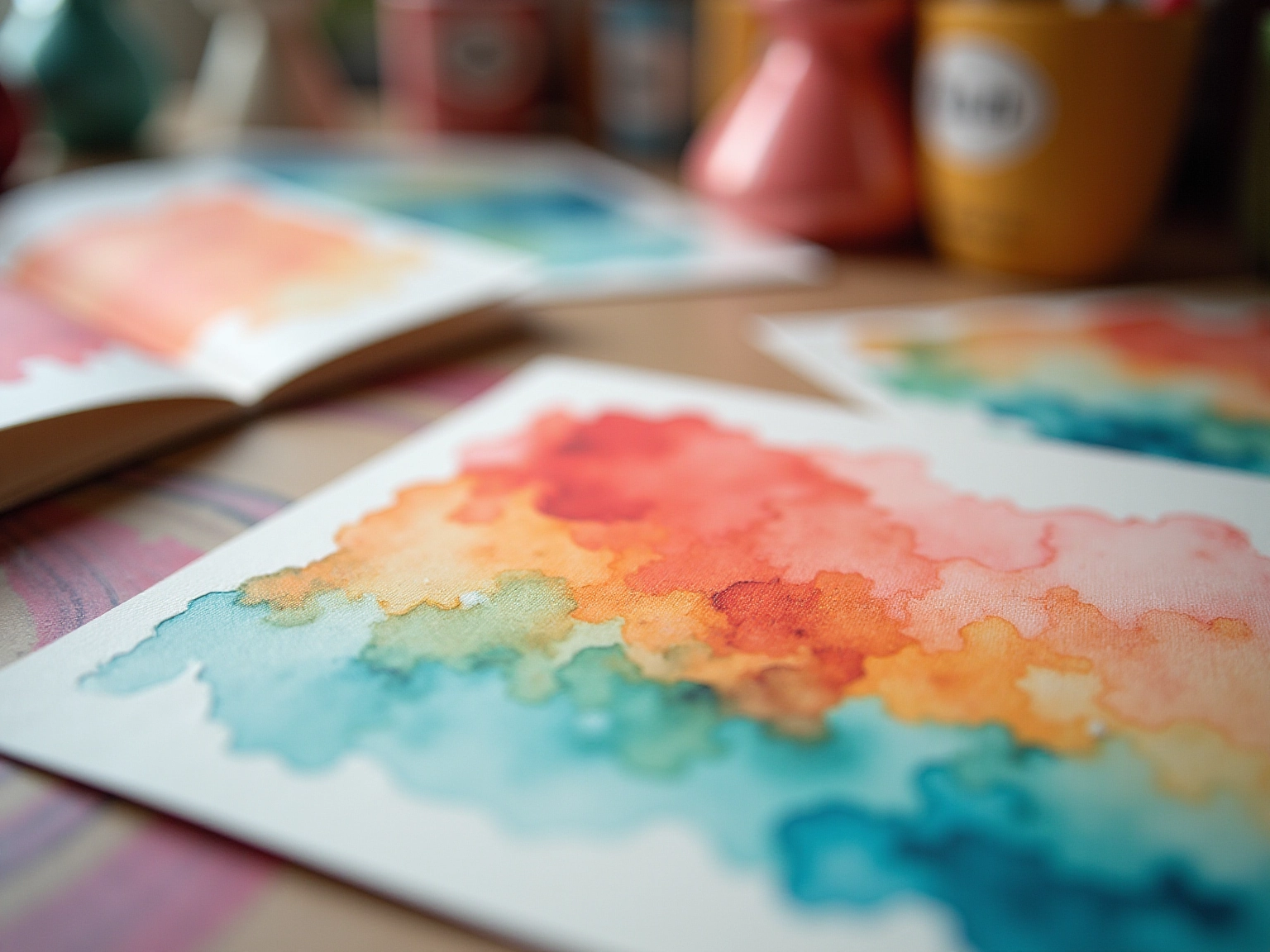 Artistic Workspace of Personalized Watercolor Greeting Cards Artistic Workspace of Personalized Watercolor Greeting Cards