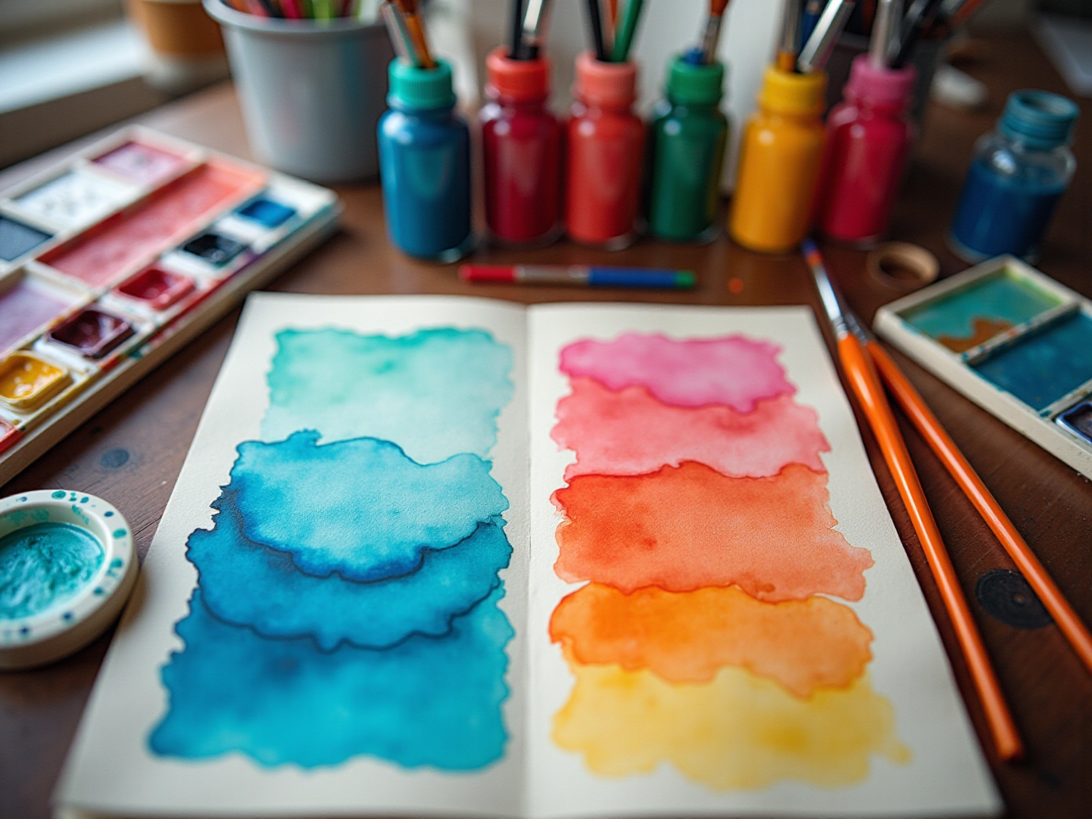 Artistic Workspace: Watercolor Inks vs. Paints