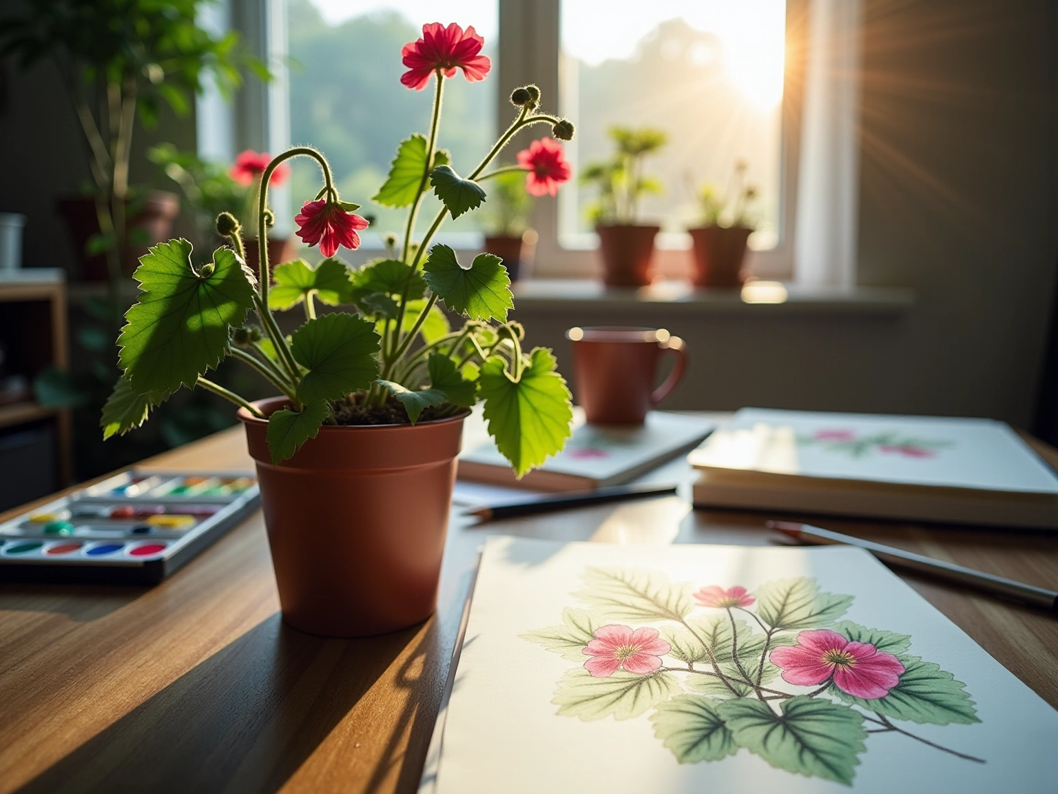 Artistic Workspace with Geraniums Artistic Workspace with Geraniums