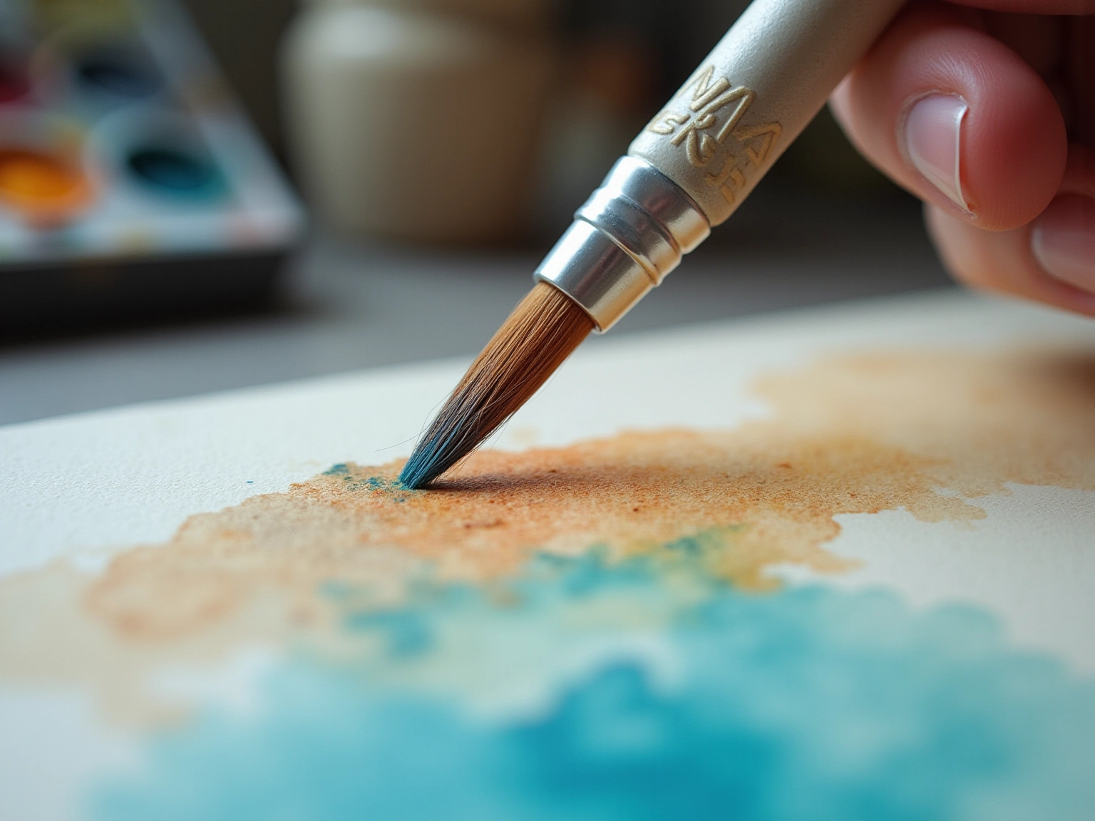 Artistic Workspace with Squirrel Hair Brush