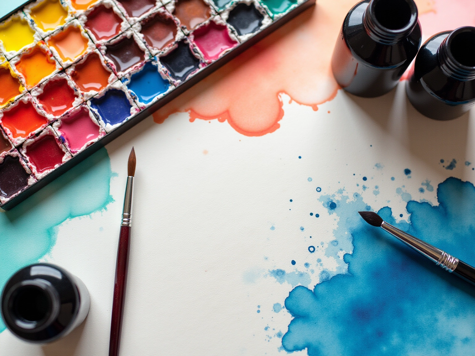 Artistic Workspace with Watercolor and Ink Artistic Workspace with Watercolor and Ink