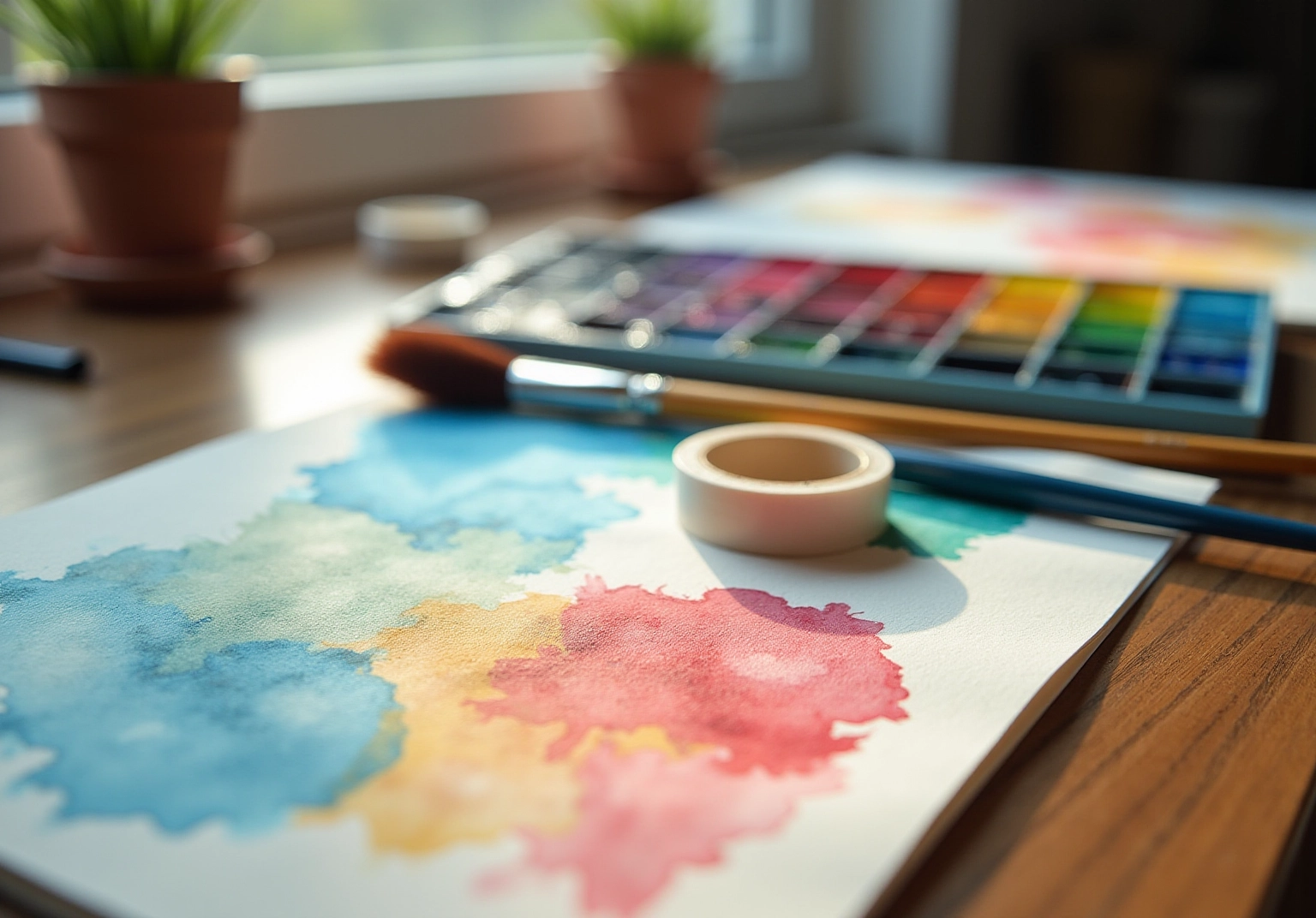 Artistic Workspace with Watercolor and Ink Artistic Workspace with Watercolor and Ink